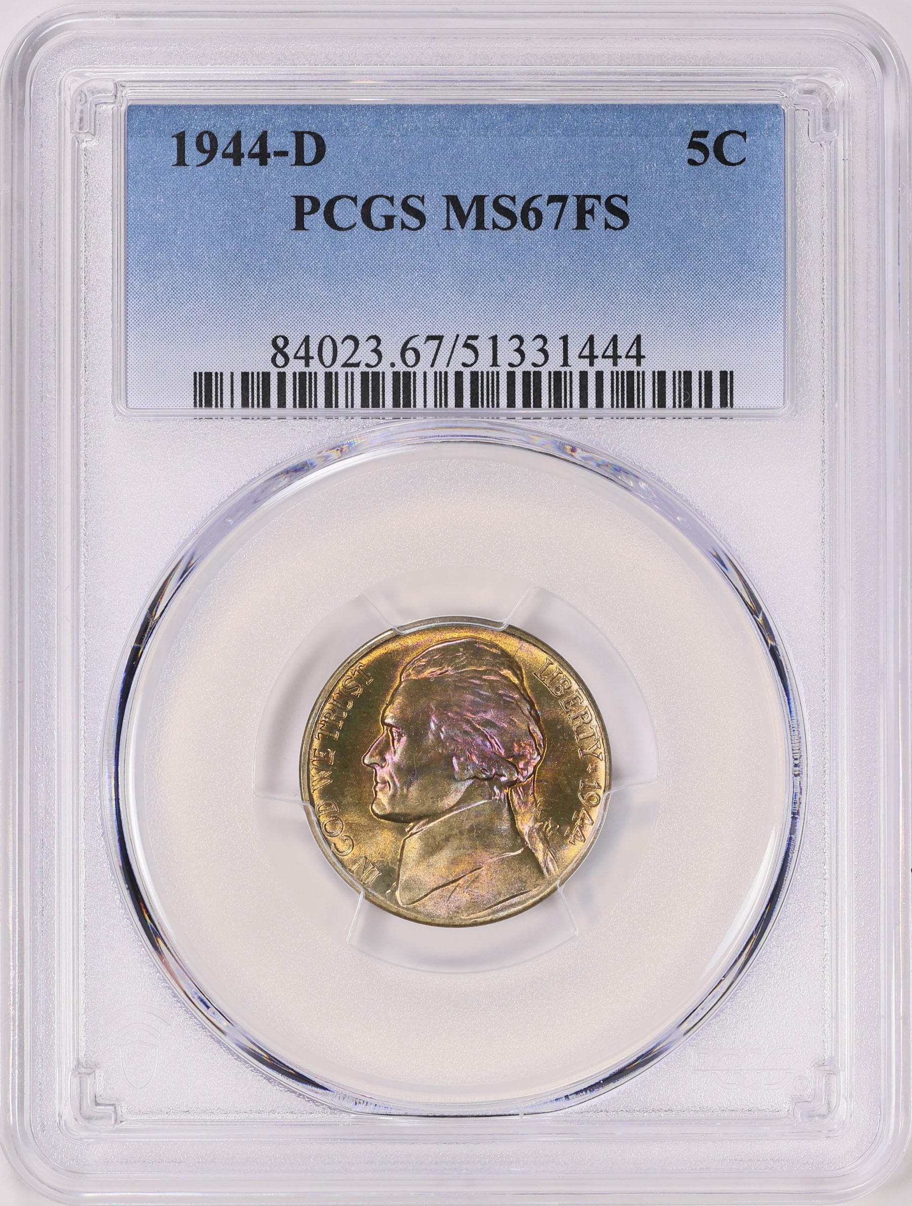 1944-D Jefferson Nickel PCGS MS-67 FS (Toned) (Item 1775815) | GreatCollections Coin Auctions