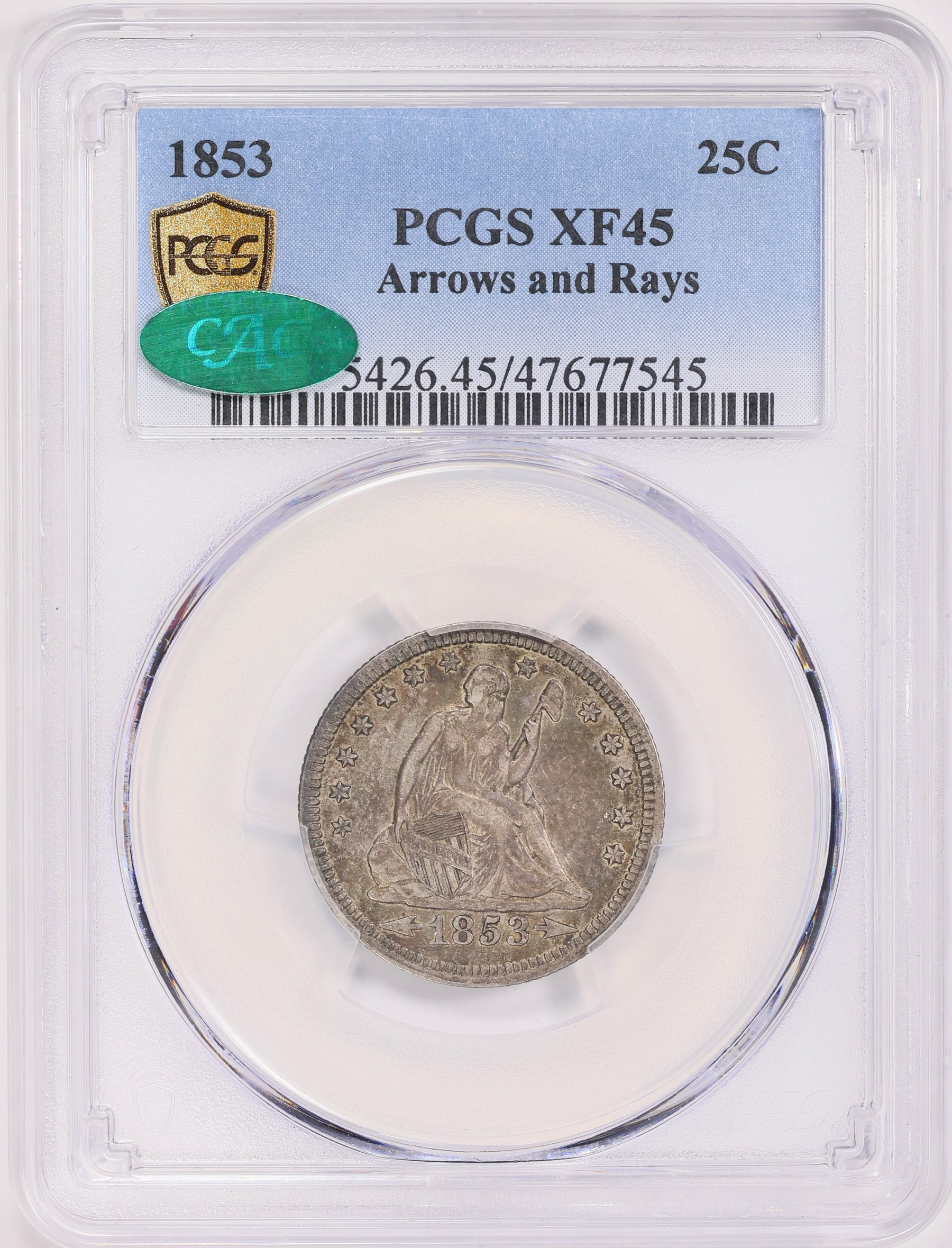 1853 Seated Liberty Quarter Arrows and Rays PCGS XF-45 (CAC Green) (Item 1775886 ...