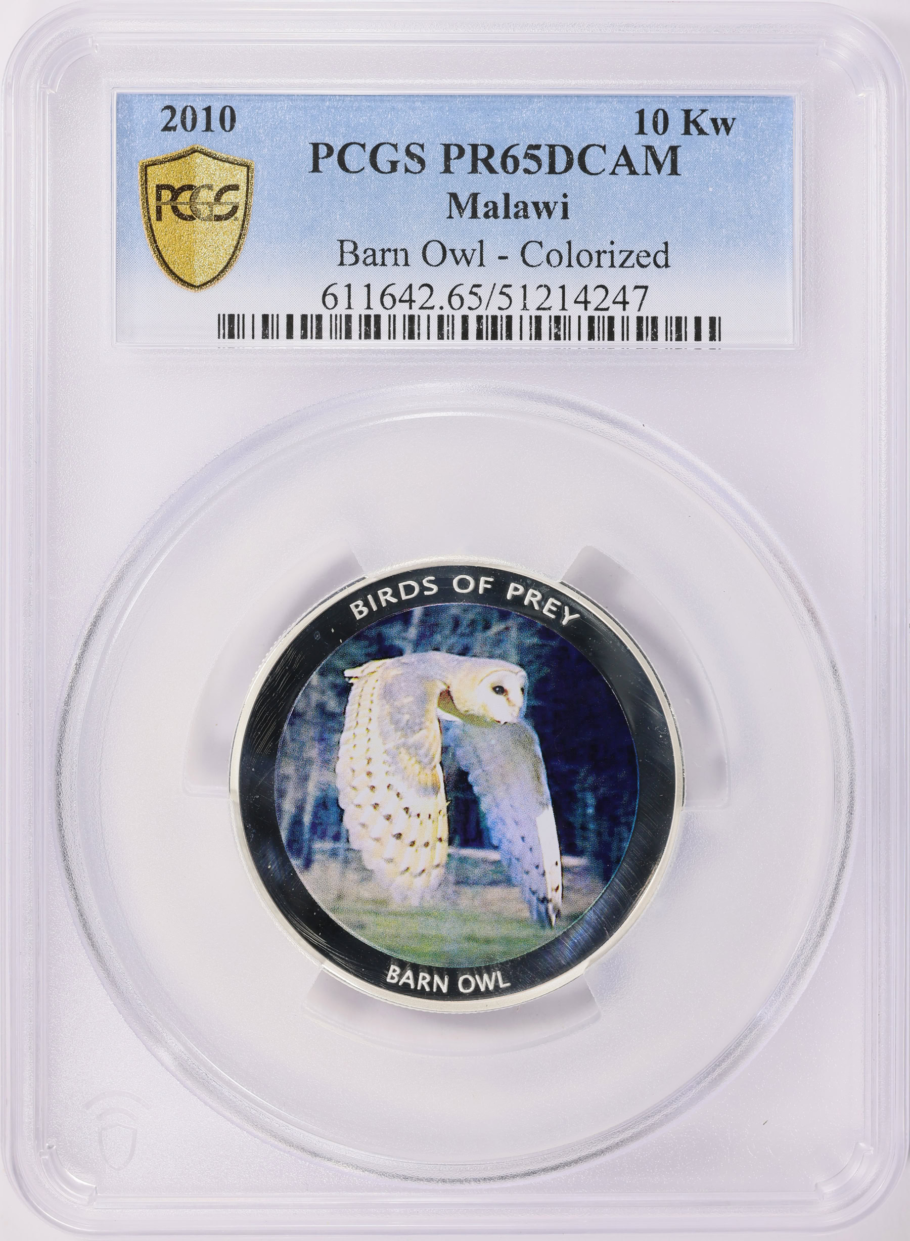 Malawi 2010 Colorized Silvered 10 Kwacha Barn Owl PCGS Proof-65 DCAM ...