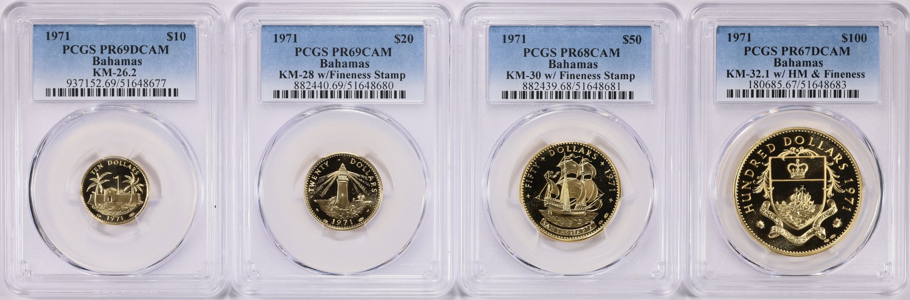 Bahamas 1971 Gold $10, $20, $50, $100 Proof Set With Original Case of ...