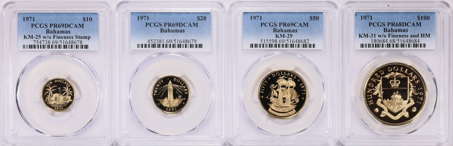 Bahamas 1971 Gold $10, $20, $50, $100 Proof Set With Original Case of ...