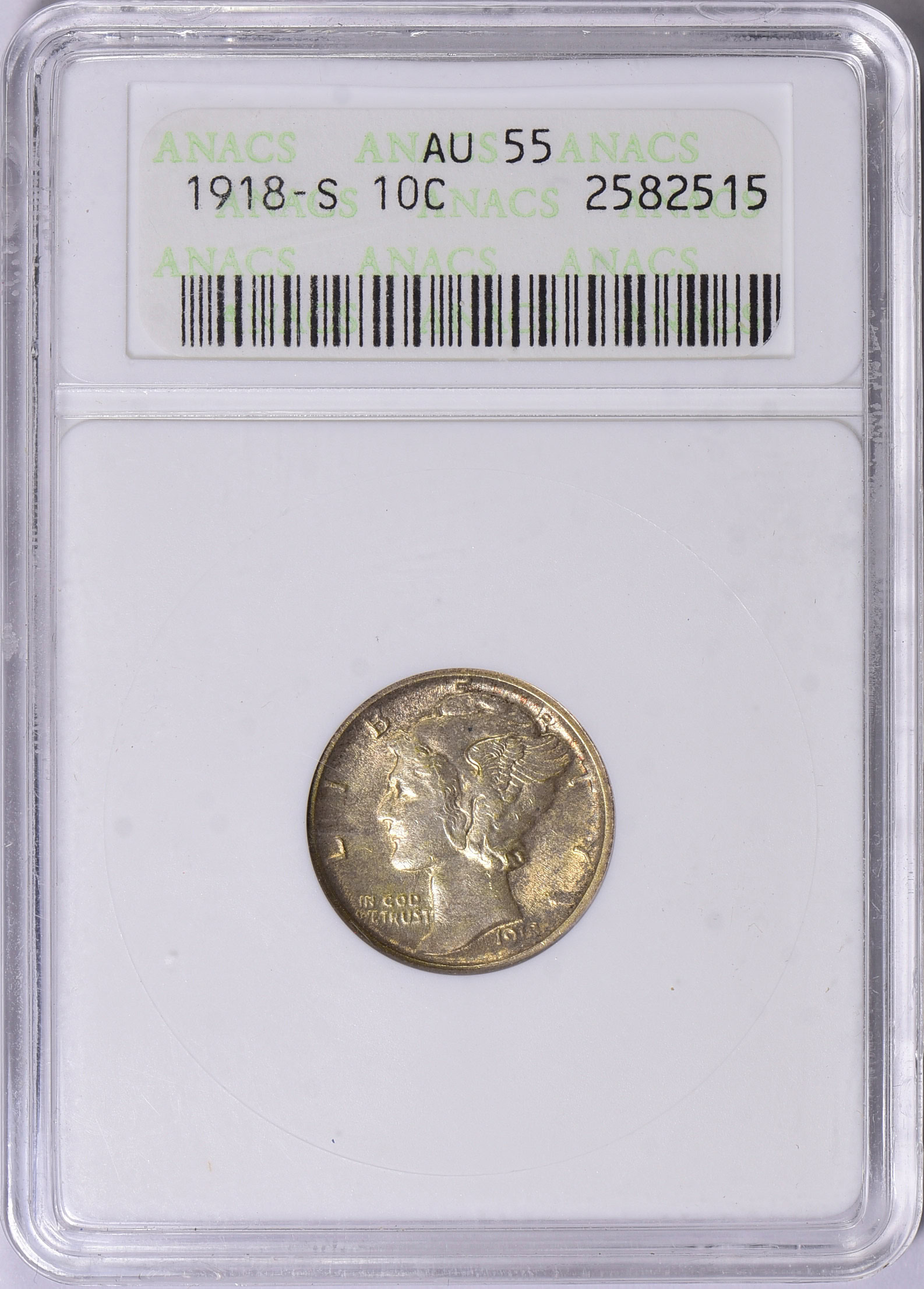 1918-S Mercury Dime ANACS AU-55 OH (Item 1776173) | GreatCollections Coin Auctions