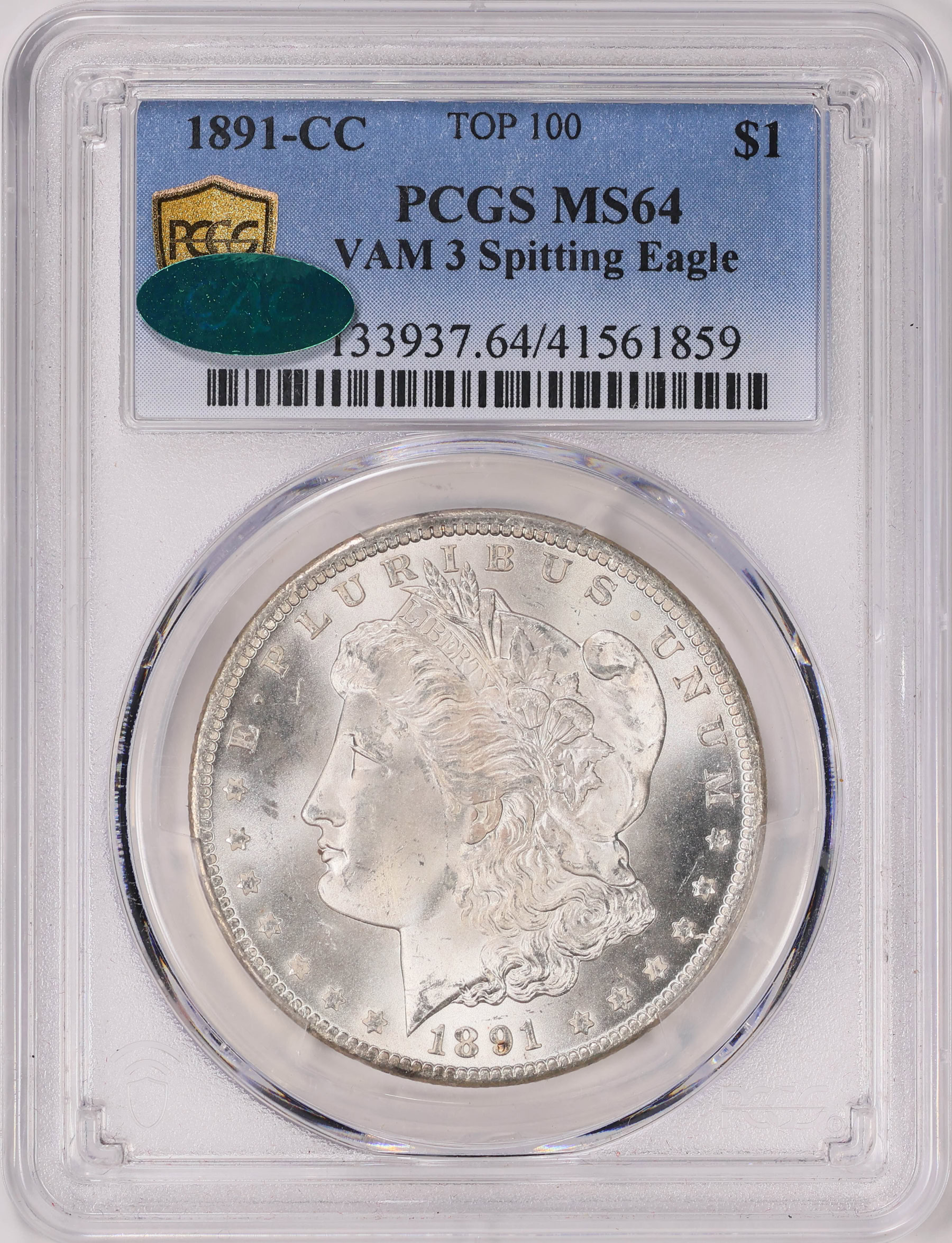 1891-CC Morgan Silver Dollar Spitting Eagle VAM-3 Top 100 PCGS MS-64 (CAC Green) (Item 1776228 ...