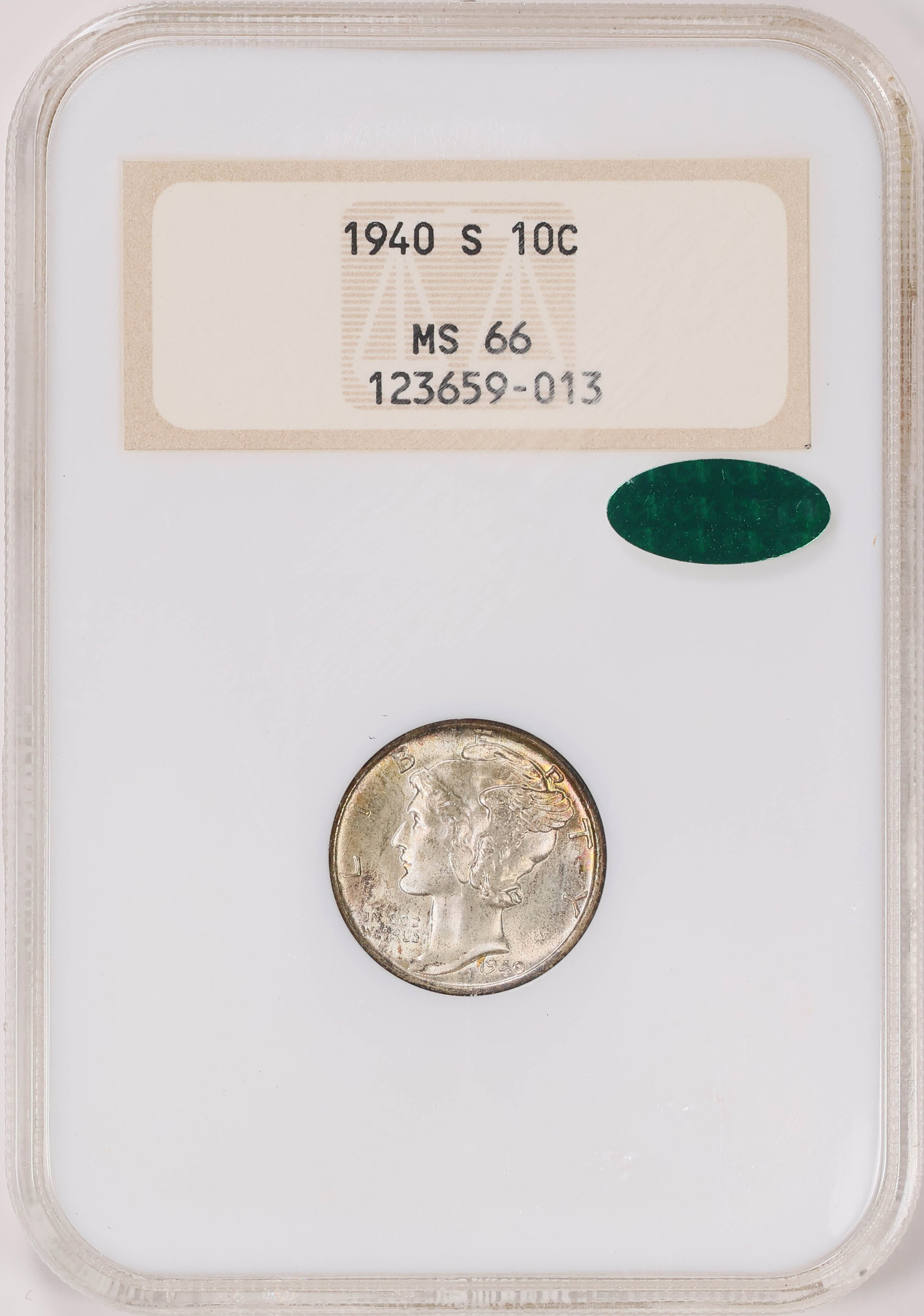 1940-S Mercury Dime NGC MS-66 (CAC Green) OH (Item 1776299) | GreatCollections Coin Auctions