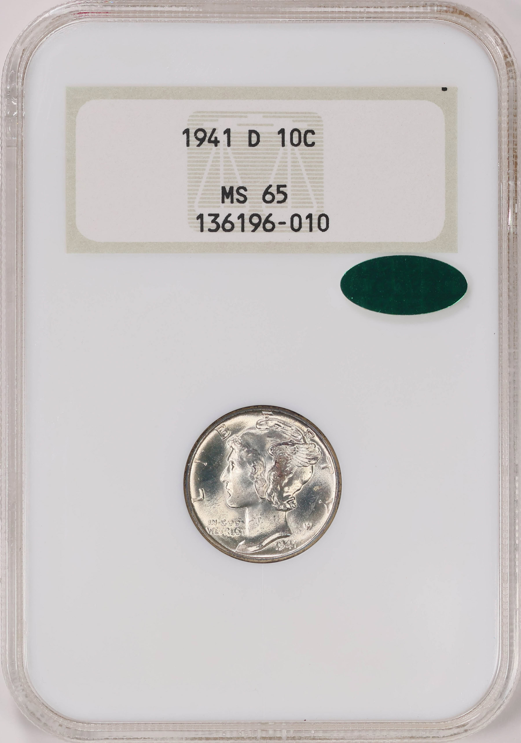 1941-D Mercury Dime NGC MS-65 (CAC Green) OH (Item 1776300) | GreatCollections Coin Auctions
