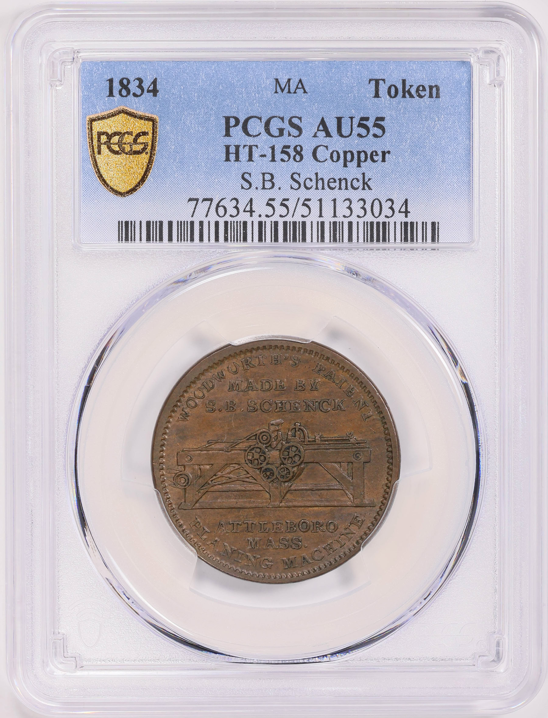 1834 Attleboro, Massachusetts S.B. Schenck Copper Hard Times Token HT ...