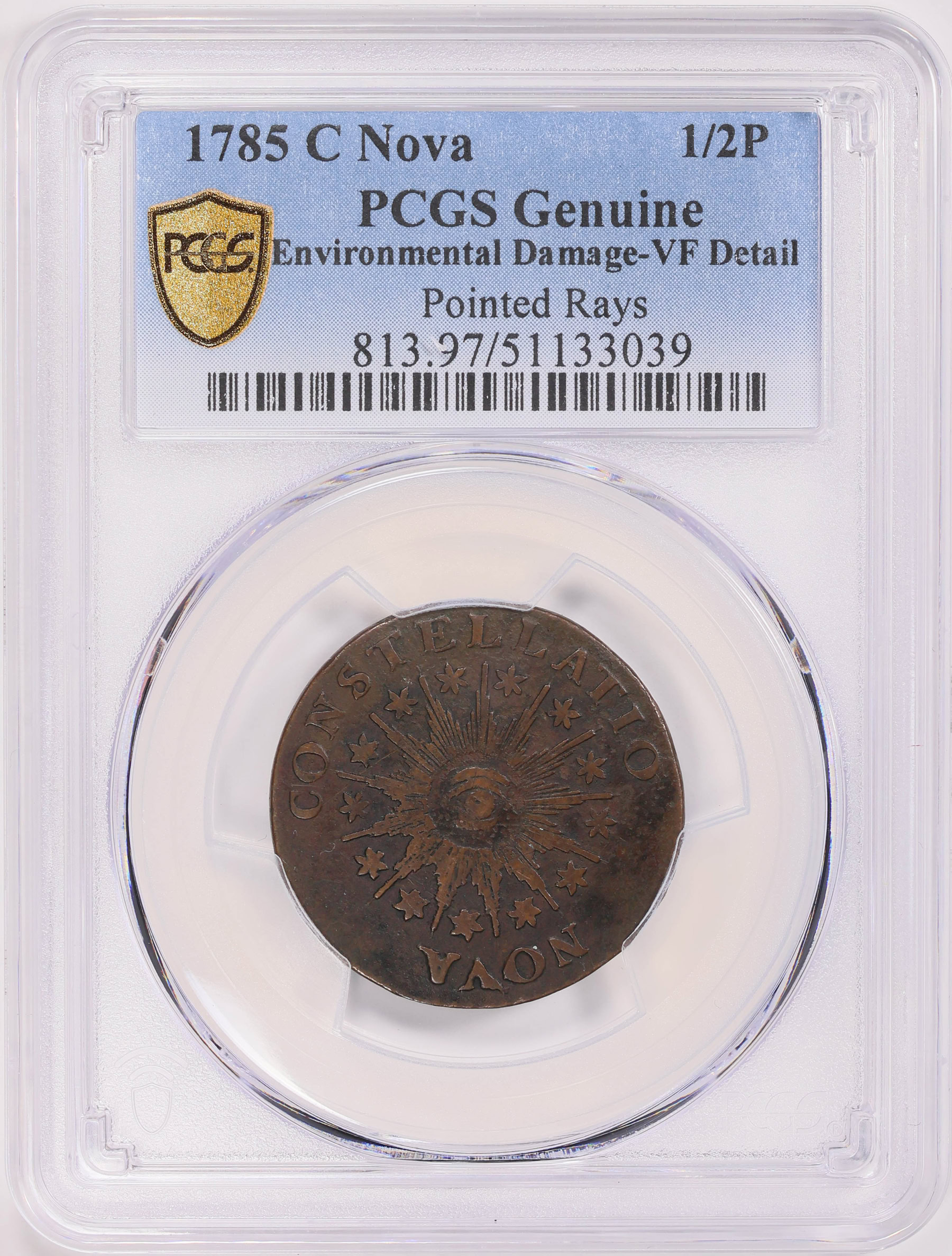 1785 Nova Constellatio 1/2 Penny Pointed Rays PCGS Genuine VF Details ...