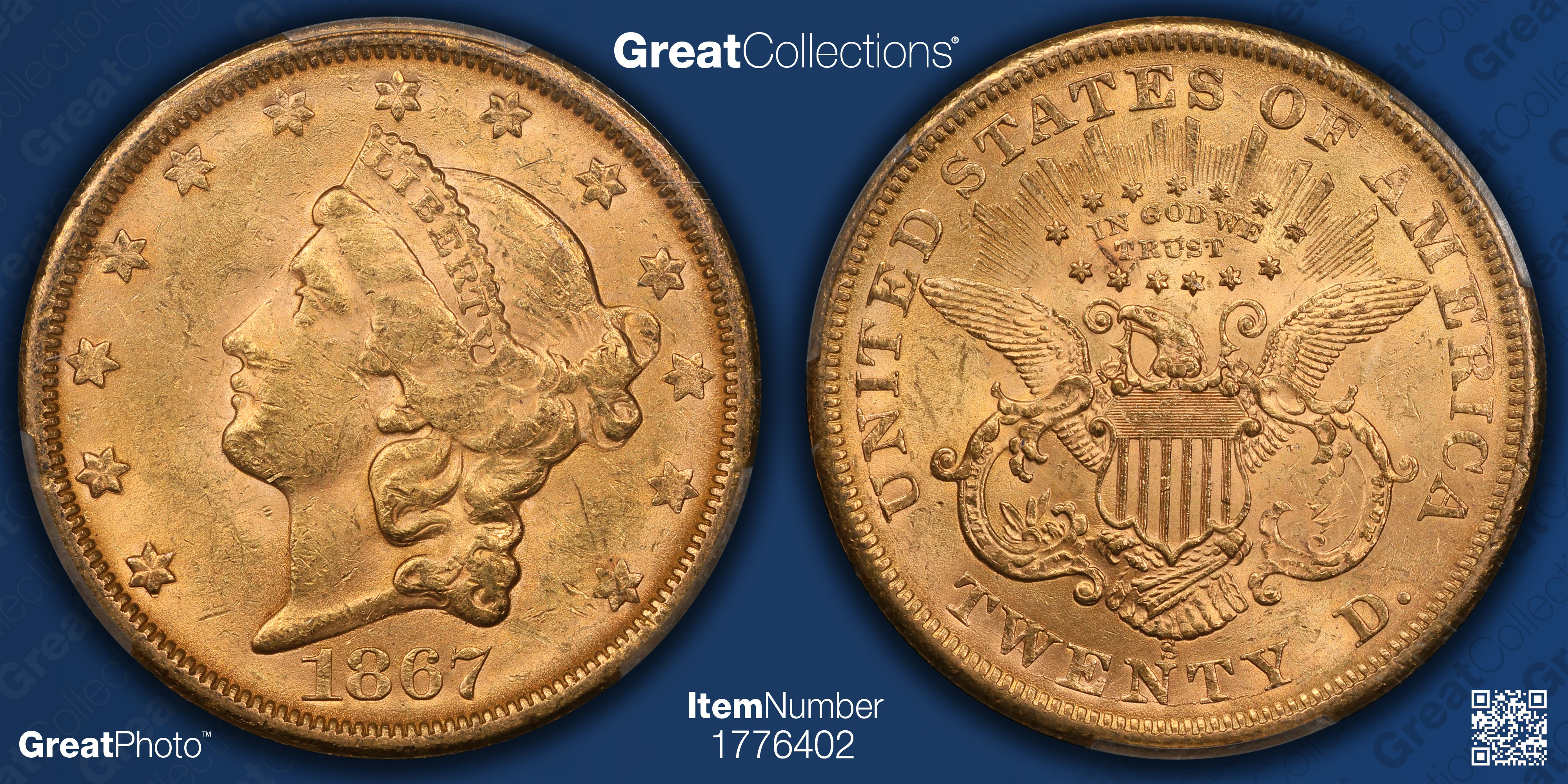1867-S Liberty Gold Double Eagle PCGS MS-61 (CAC Green) (Item 1776402 ...