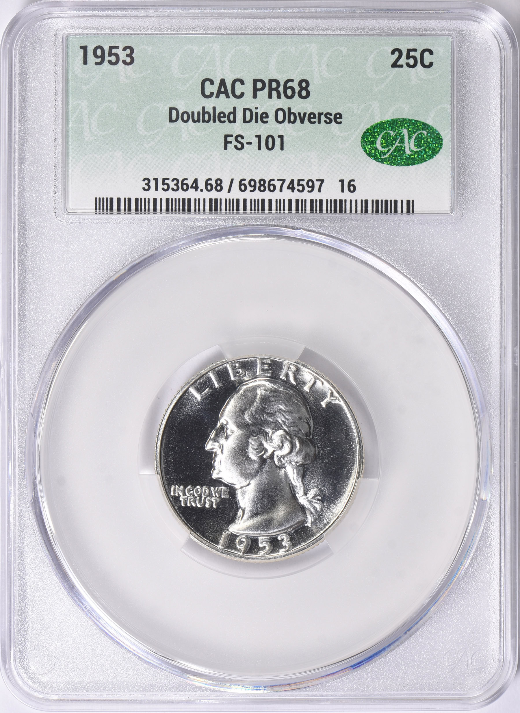 1953 Washington Quarter Doubled Die Obverse FS-101 CACG Proof-68 (Item 1776448 ...