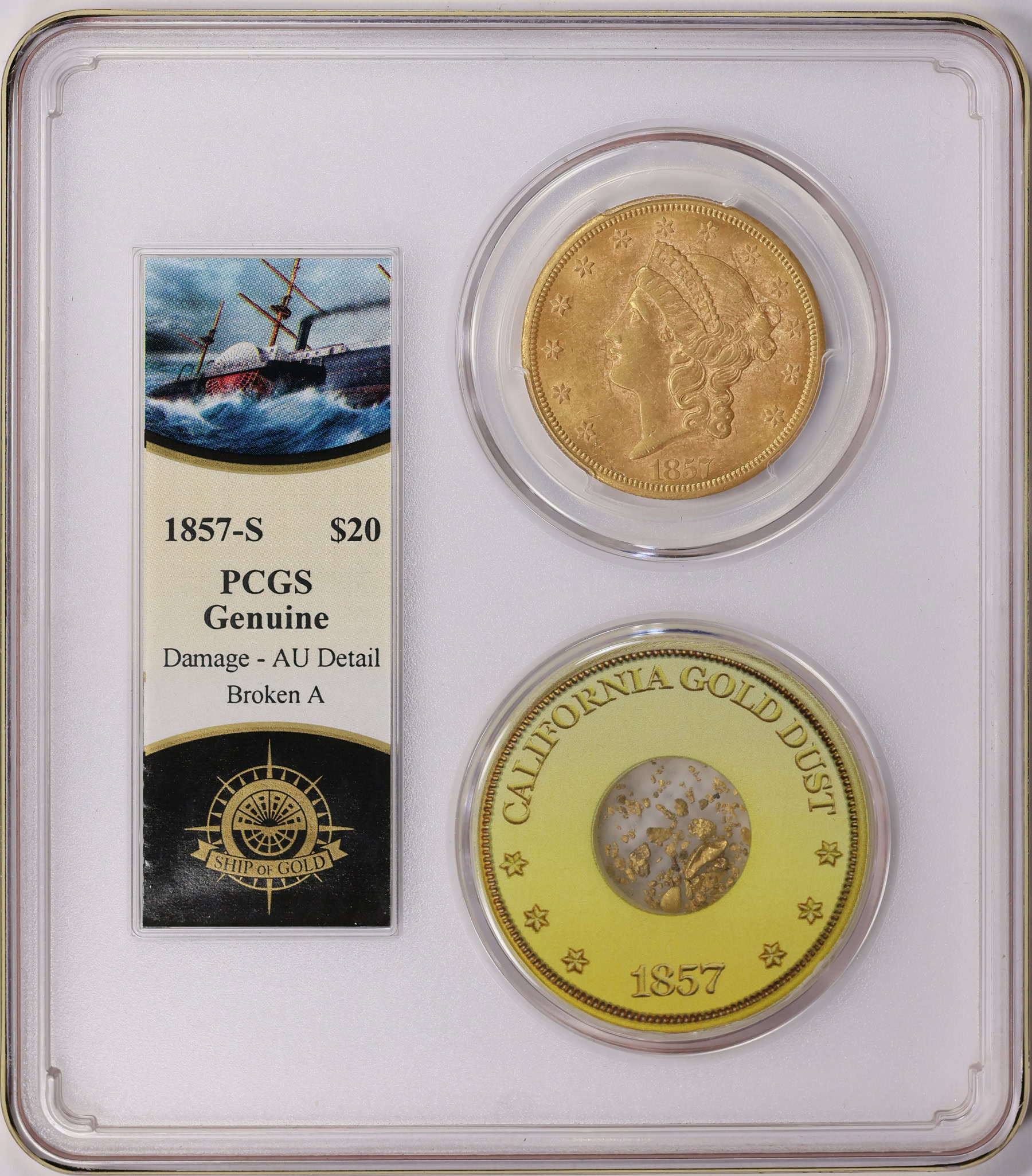 1857-S Liberty Gold Double Eagle Broken A Shipwreck S.S. Central America PCGS AU Details (With ...