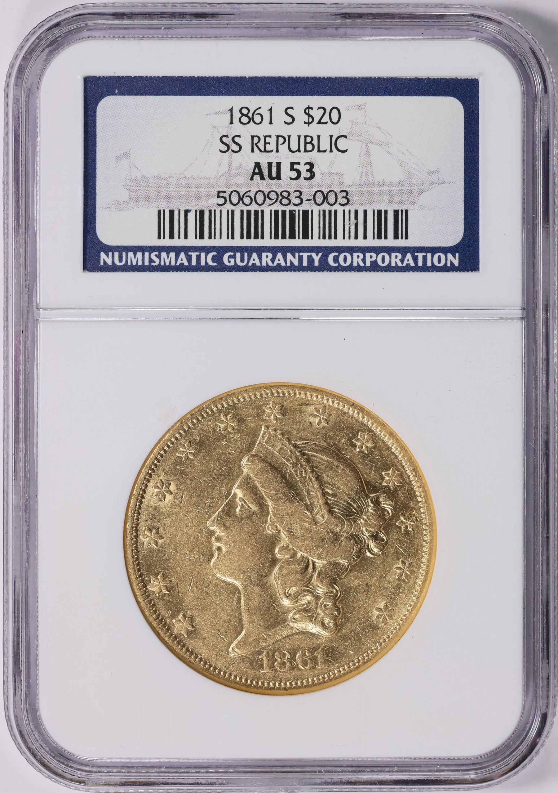 1861-S Liberty Gold Double Eagle Shipwreck S.S. Republic NGC AU-53 (With Display Box) (Item ...