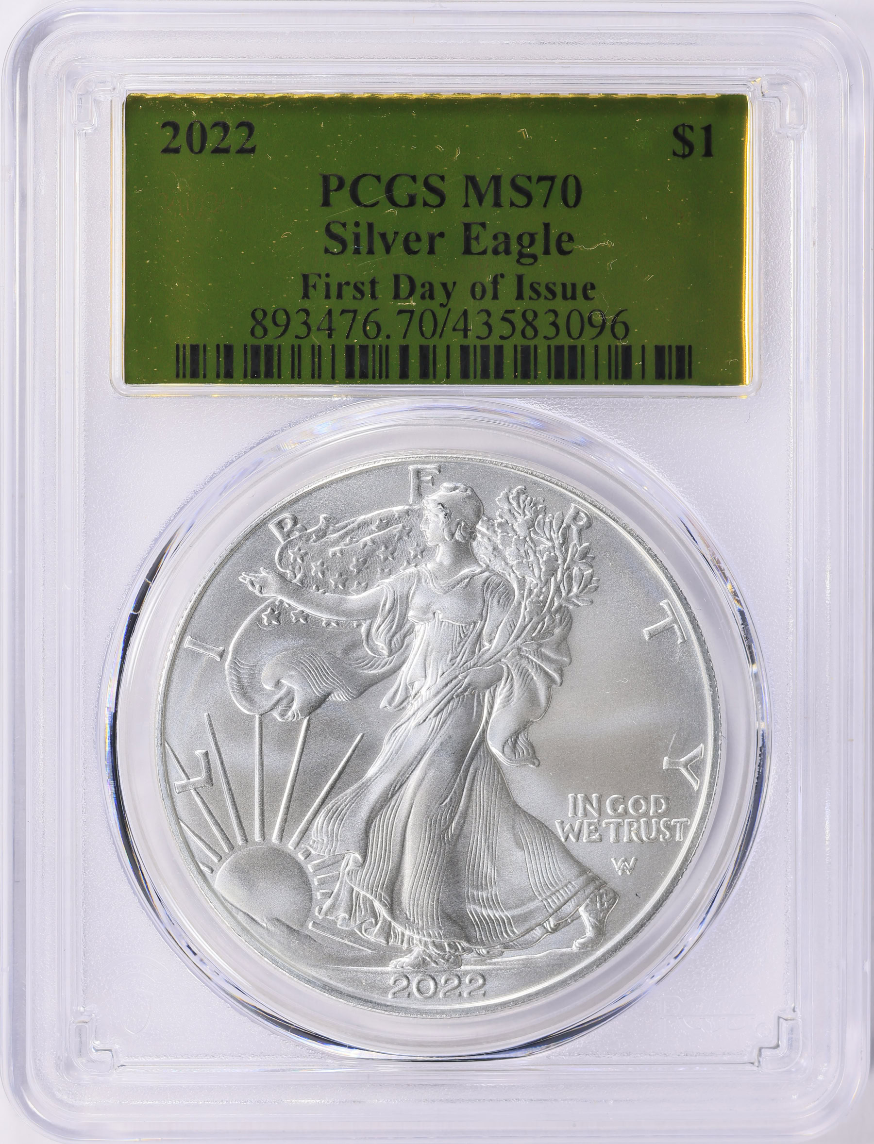 2022 $1 Silver Eagle First Day of Issue PCGS MS-70 (Gold Foil Label) (Item 1776606 ...