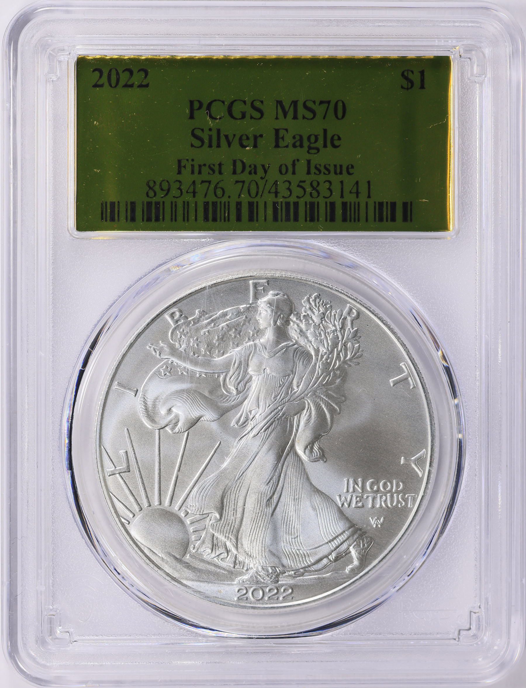 2022 $1 Silver Eagle First Day of Issue PCGS MS-70 (Gold Foil Label) (Item 1776607 ...