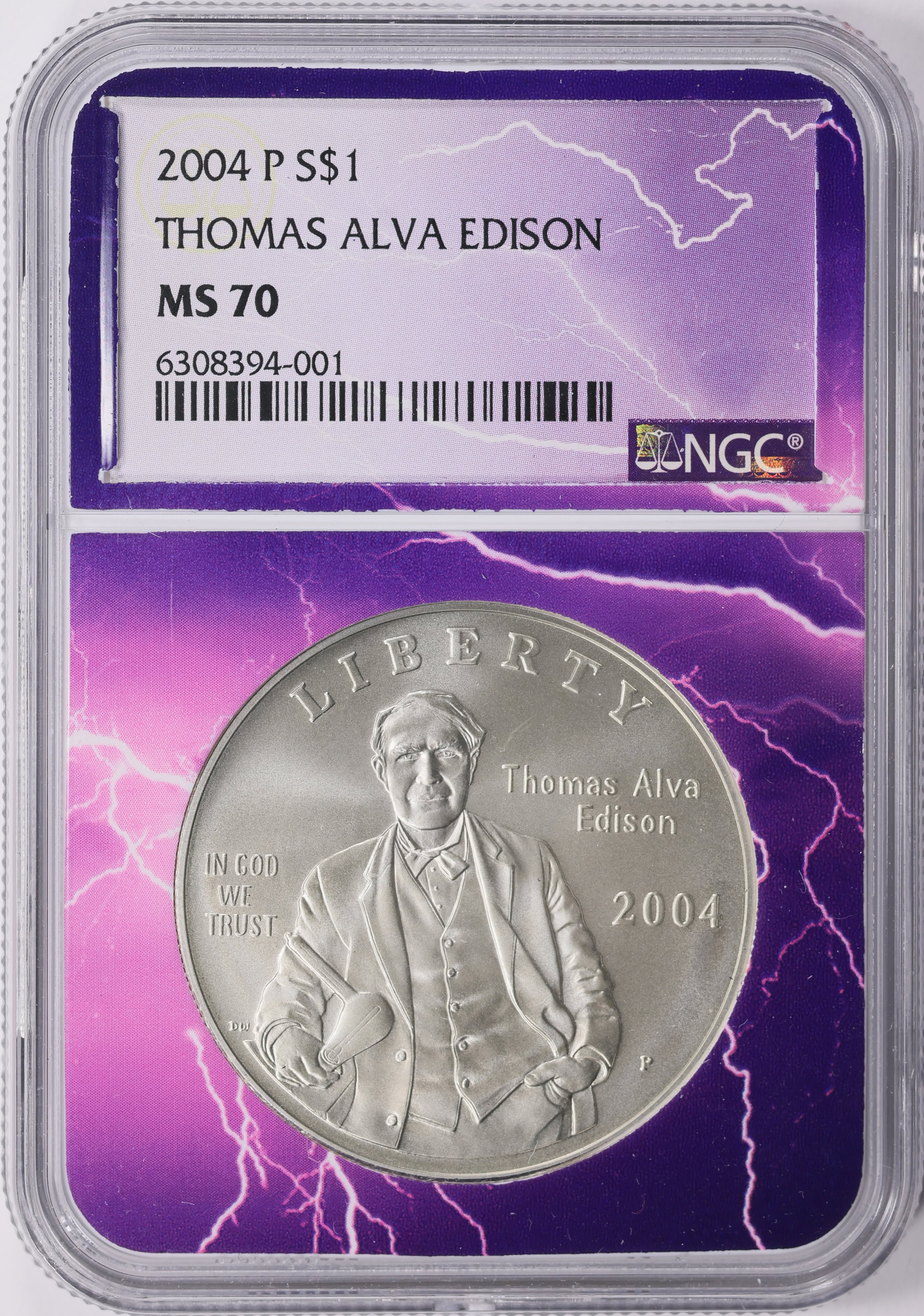2004-P Thomas Alva Edison Silver Dollar NGC MS-70 (Lightning Holder ...