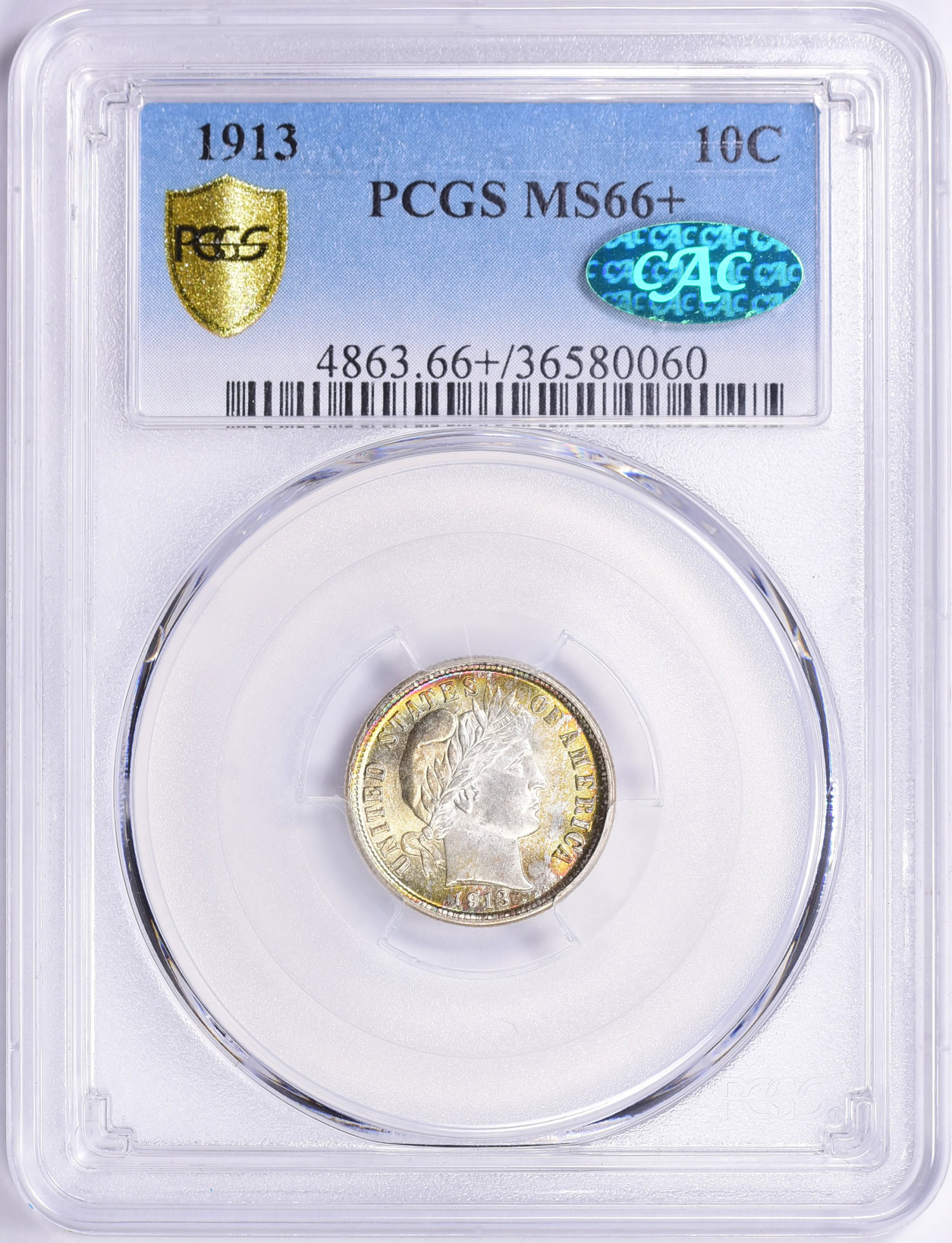 1913 Barber Dime PCGS MS-66+ (CAC Green) (Toned) (Item 1776827) | GreatCollections Coin Auctions