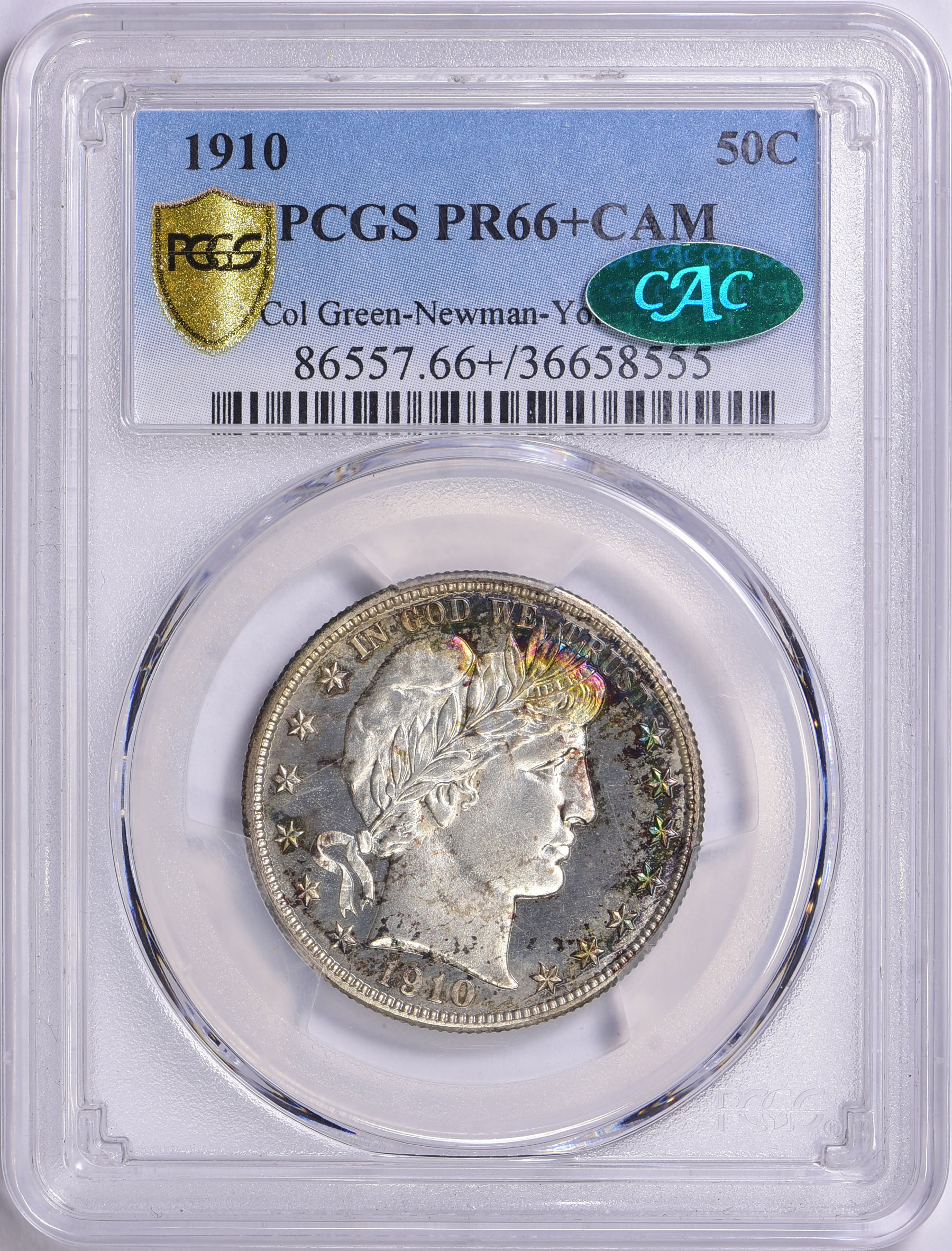 1910 Barber Half Dollar PCGS Proof-66+ CAMEO (CAC Green) (Toned) (Col ...