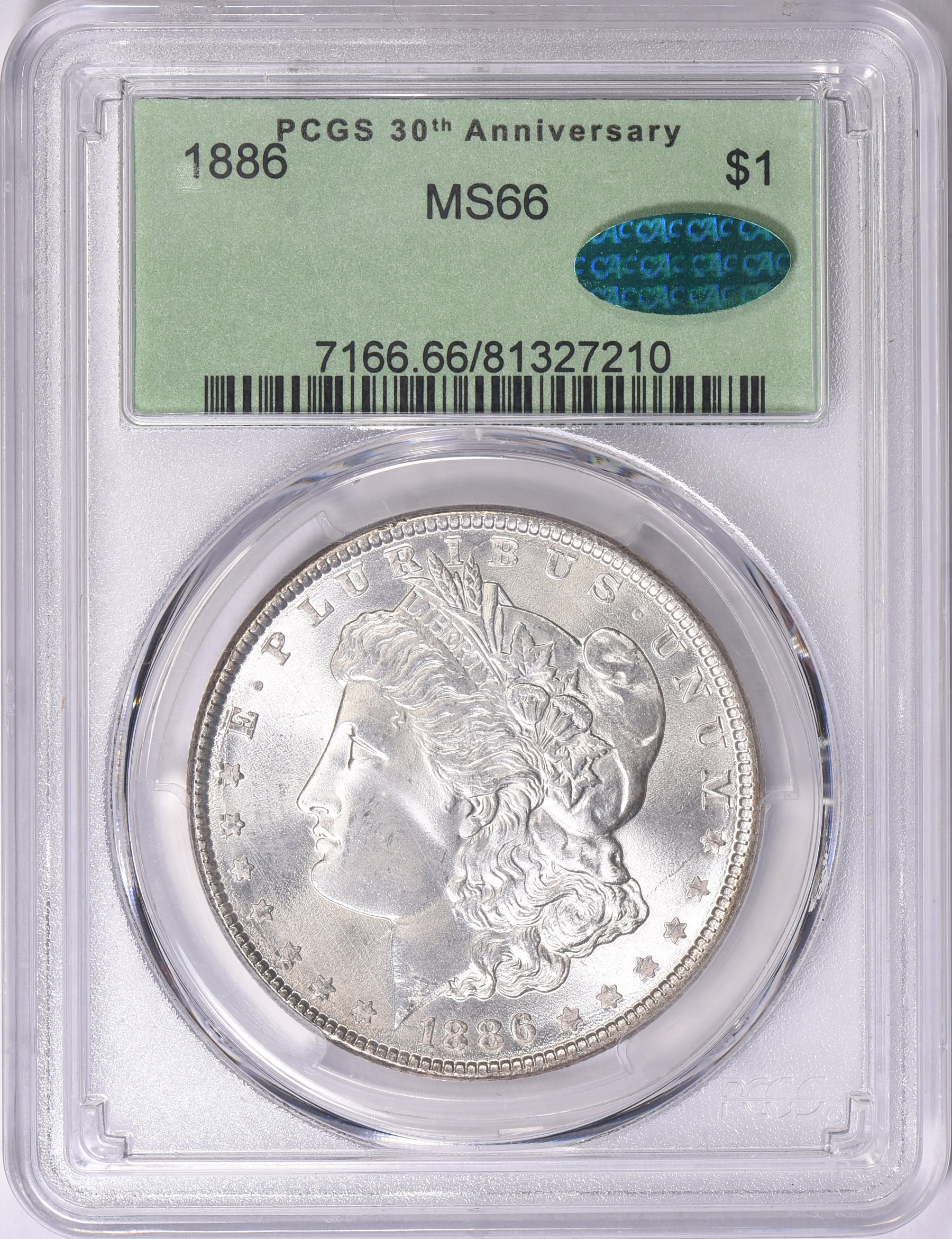 1886 Morgan Silver Dollar PCGS MS-66 (CAC Green) (OGH 30th Anniversary Label) (Item 1776854 ...