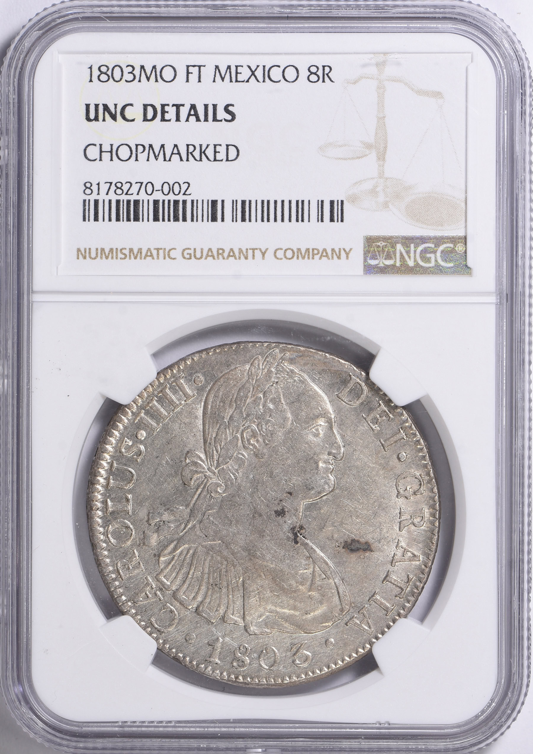 Mexico 1803-Mo FT Silver 8 Reales KM-109 NGC Unc Details (Item 1776930) | GreatCollections Coin ...