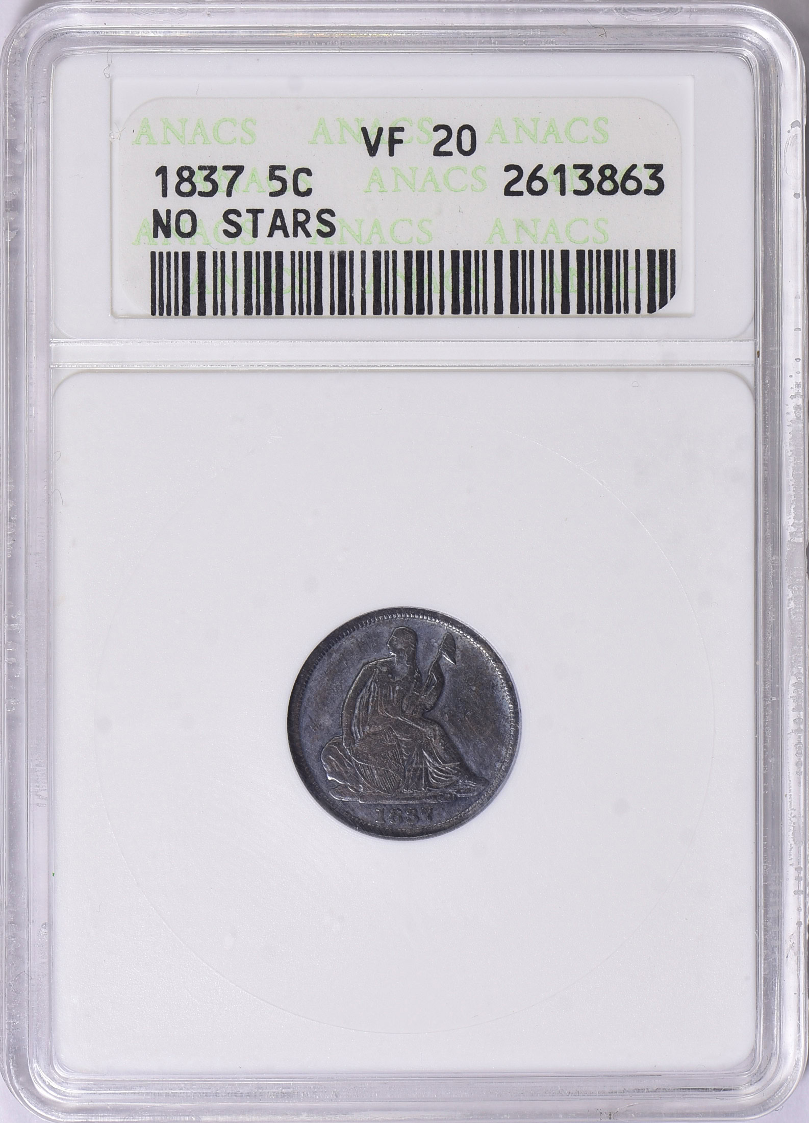 1837 Seated Liberty Half Dime No Stars ANACS VF-20 OH (Item 1777019 ...