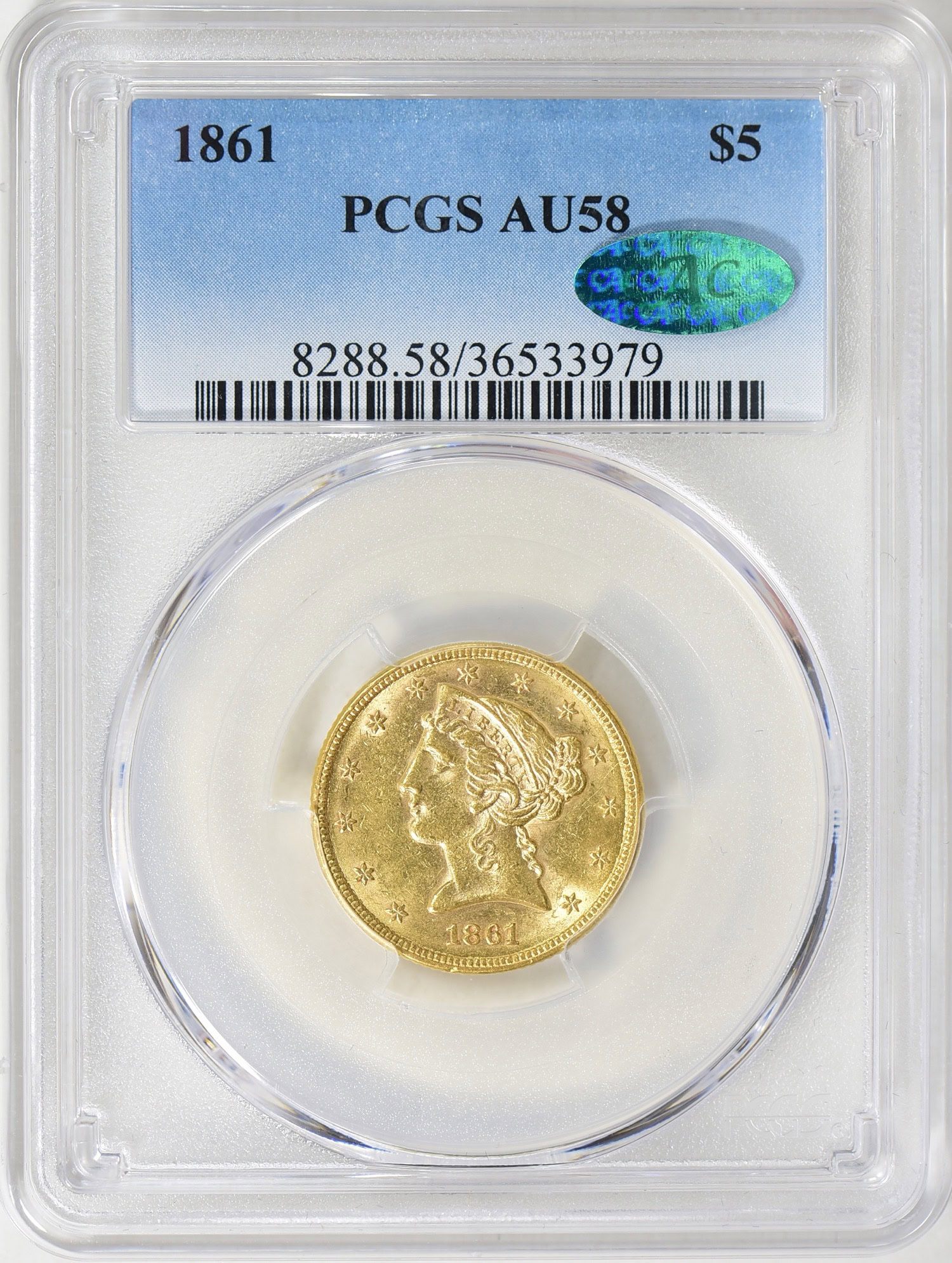 1861 Liberty Gold Half Eagle PCGS AU-58 (CAC Green) (Item 1777053) | GreatCollections Coin Auctions
