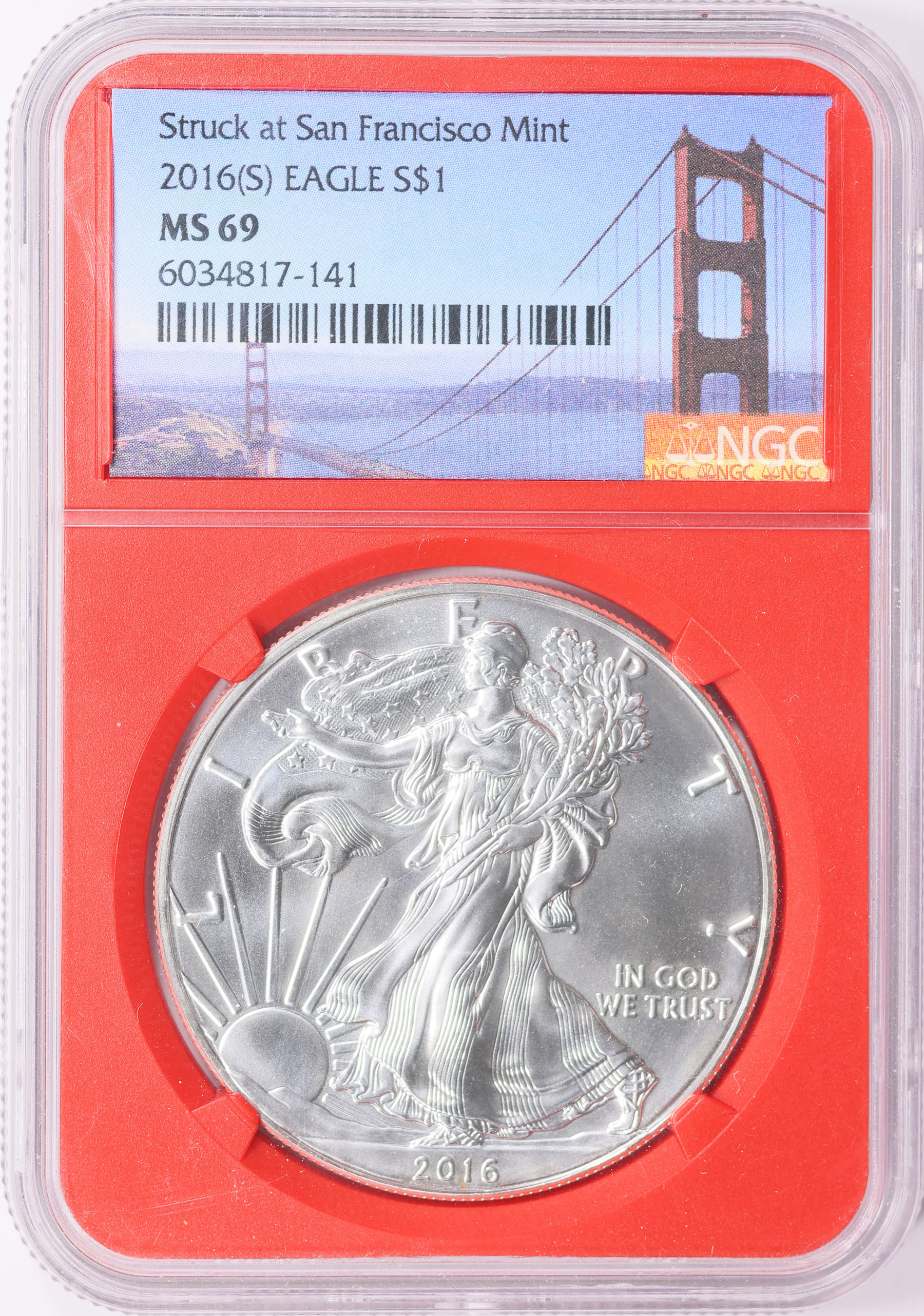 2016-(S) $1 Silver Eagle Struck at San Francisco Mint NGC MS-69 (Golden Gate Bridge Label) (Red ...