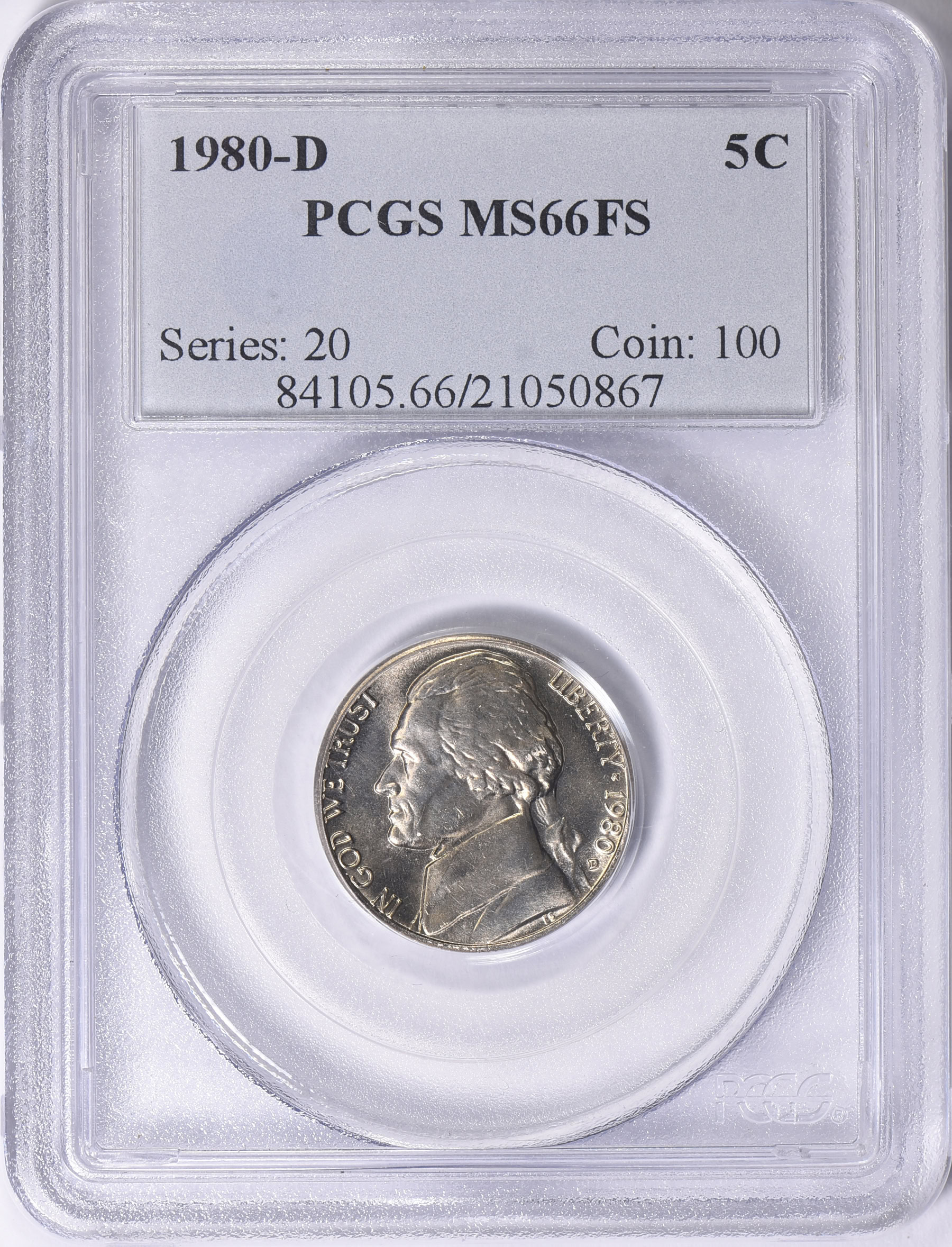 1980-D Jefferson Nickel PCGS MS-66 FS (Item 1777138) | GreatCollections ...
