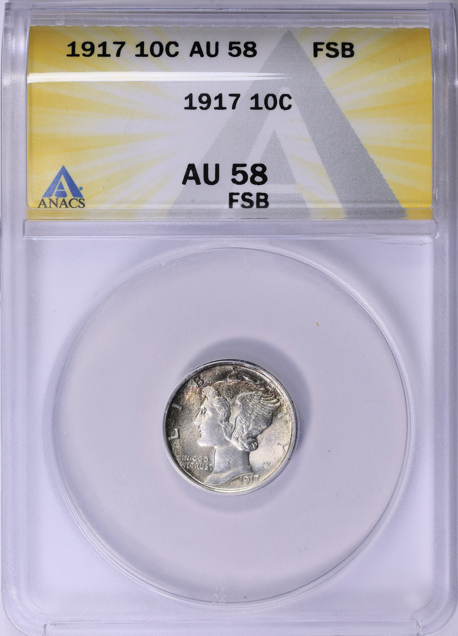 1917 Mercury Dime ANACS AU-58 FB (Toned) (Item 1777232) | GreatCollections Coin Auctions