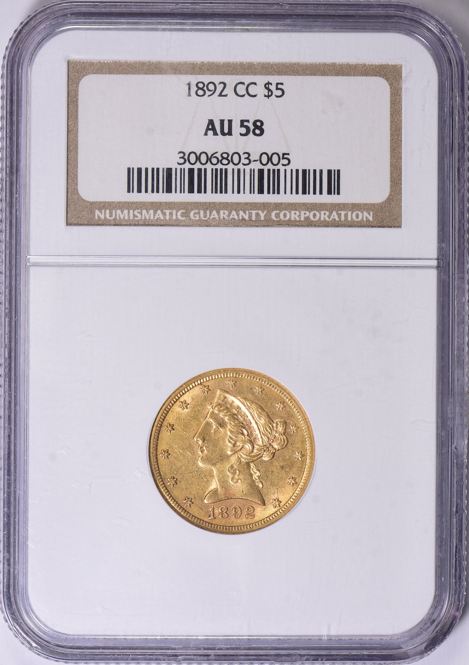 1892-CC Liberty Gold Half Eagle NGC AU-58 (Item 1777282) | GreatCollections Coin Auctions