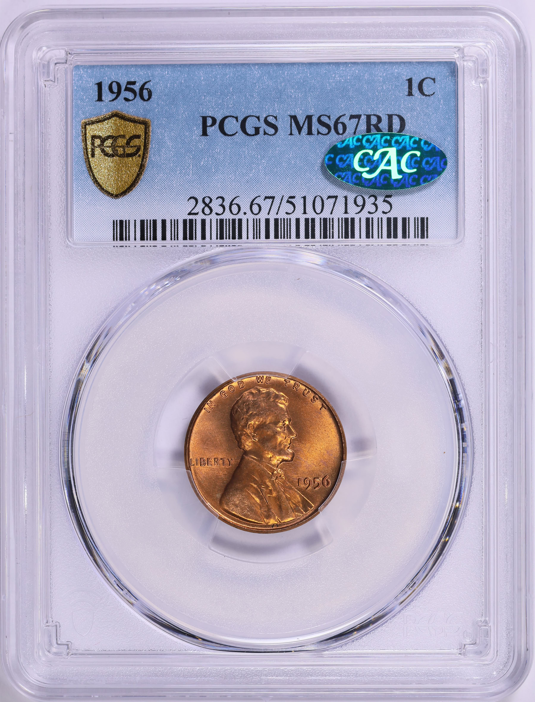 1956 Lincoln Cent PCGS MS-67 RD (CAC Green) (Item 1777289) | GreatCollections Coin Auctions
