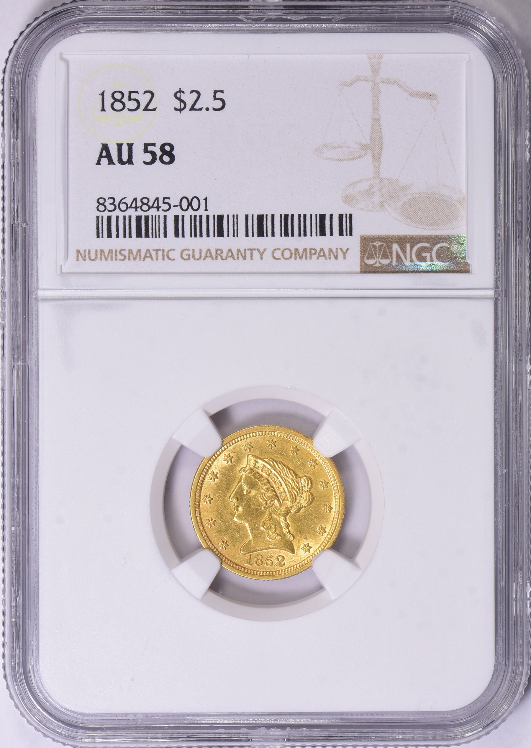 1852 Liberty Gold Quarter Eagle NGC AU-58 (Item 1777537) | GreatCollections Coin Auctions