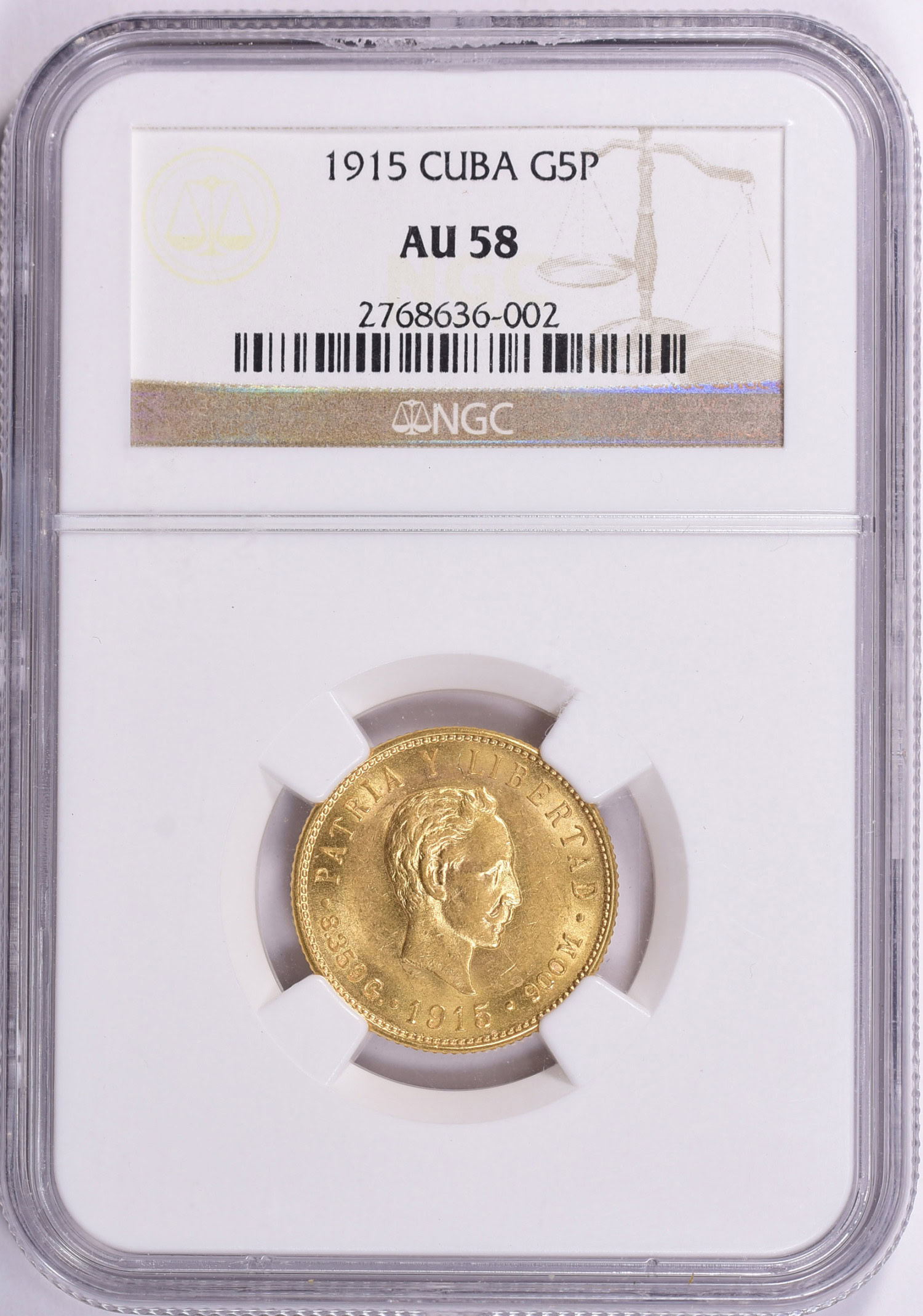 Cuba 1915 Gold 5 Pesos KM-19 NGC AU-58 (AGW = 0.2419 oz.) (Item 1777785 ...