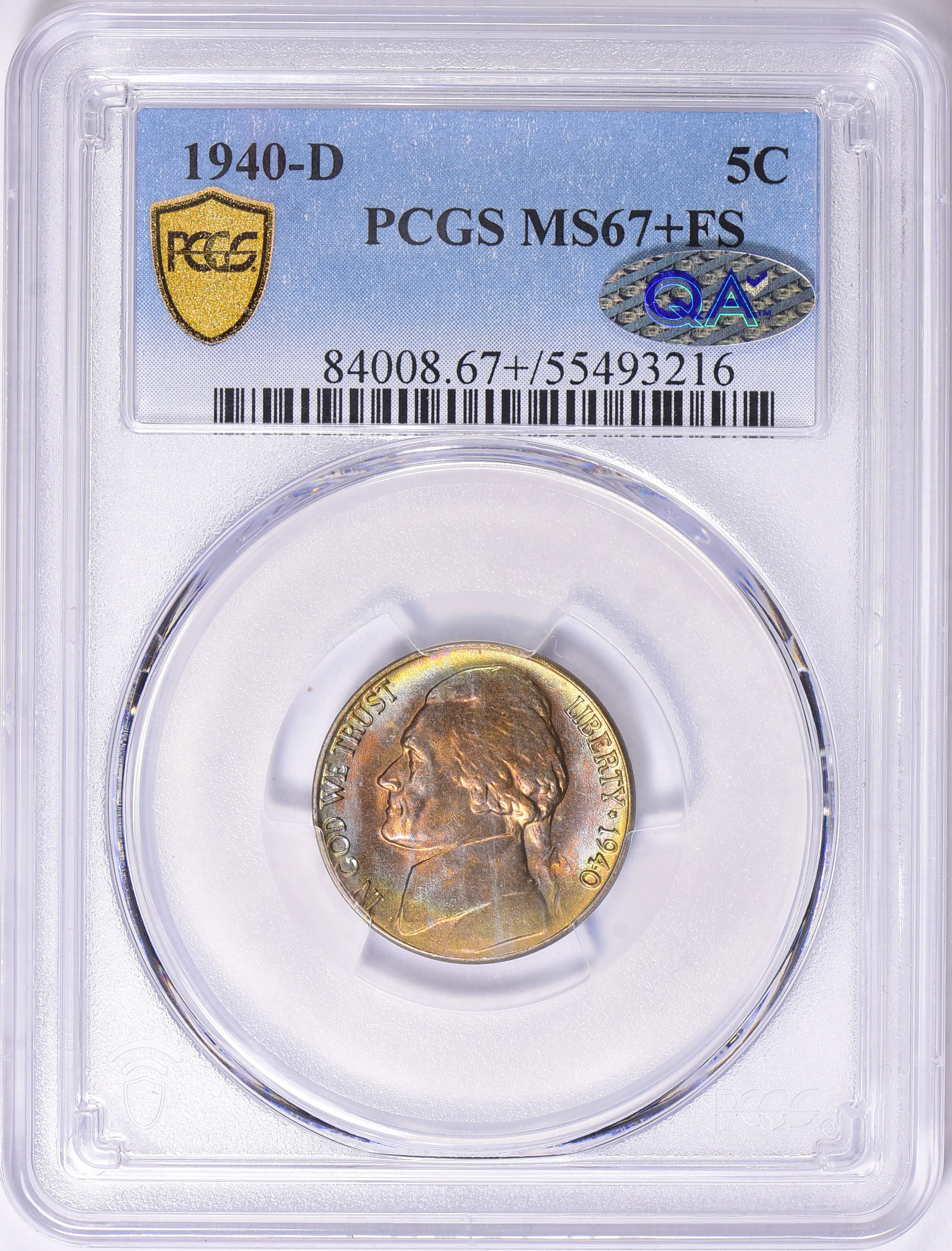 1940-D Jefferson Nickel PCGS MS-67+ FS (QA) (Toned) (Item 1778040) | GreatCollections Coin Auctions
