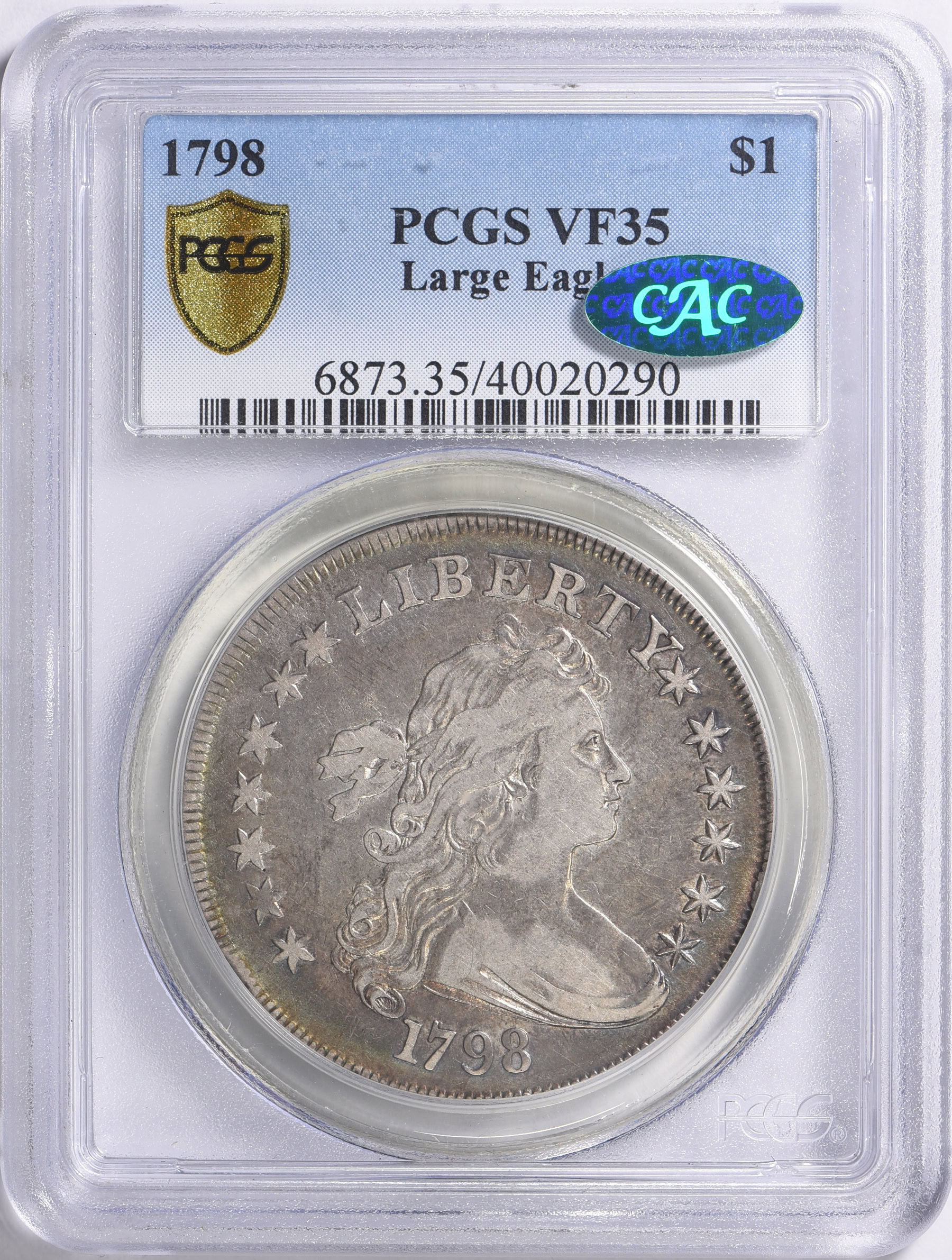 1798 Draped Bust Silver Dollar Large Eagle PCGS VF-35 (CAC Green) (Toned) (Item 1778100 ...