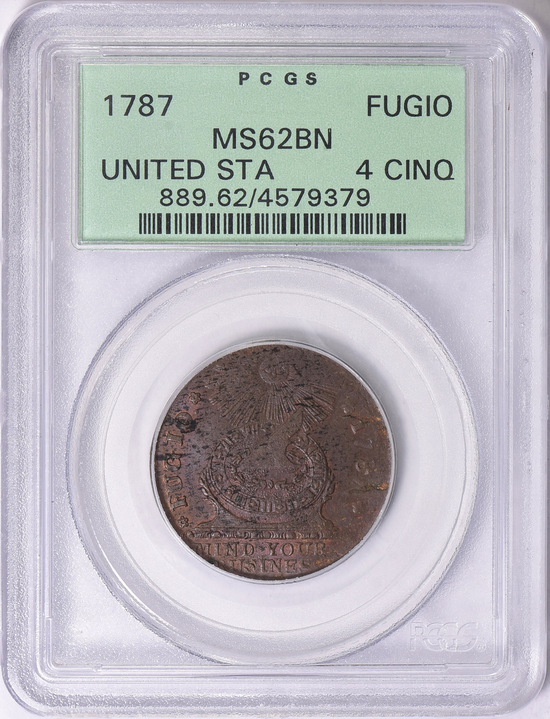 1787 Fugio Cent UNITED STA, 4 Cinq PCGS MS-62 BN OGH (Item 1778118) | GreatCollections Coin Auctions