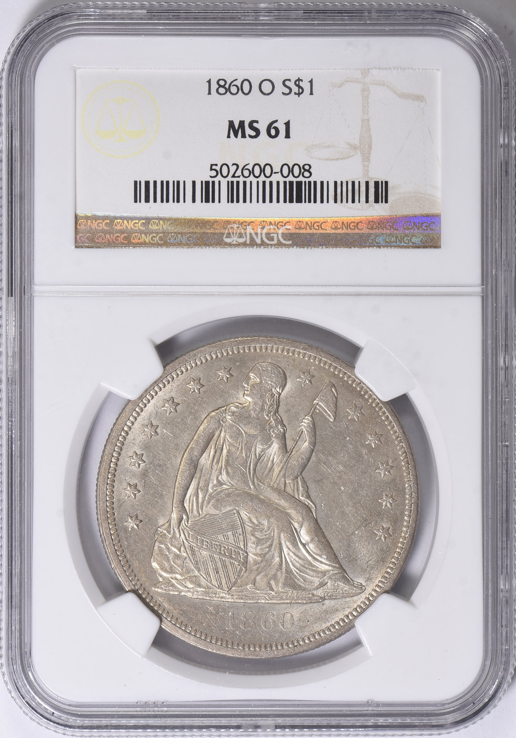 1860-O Seated Liberty Silver Dollar NGC MS-61 (Item 1778133) | GreatCollections Coin Auctions