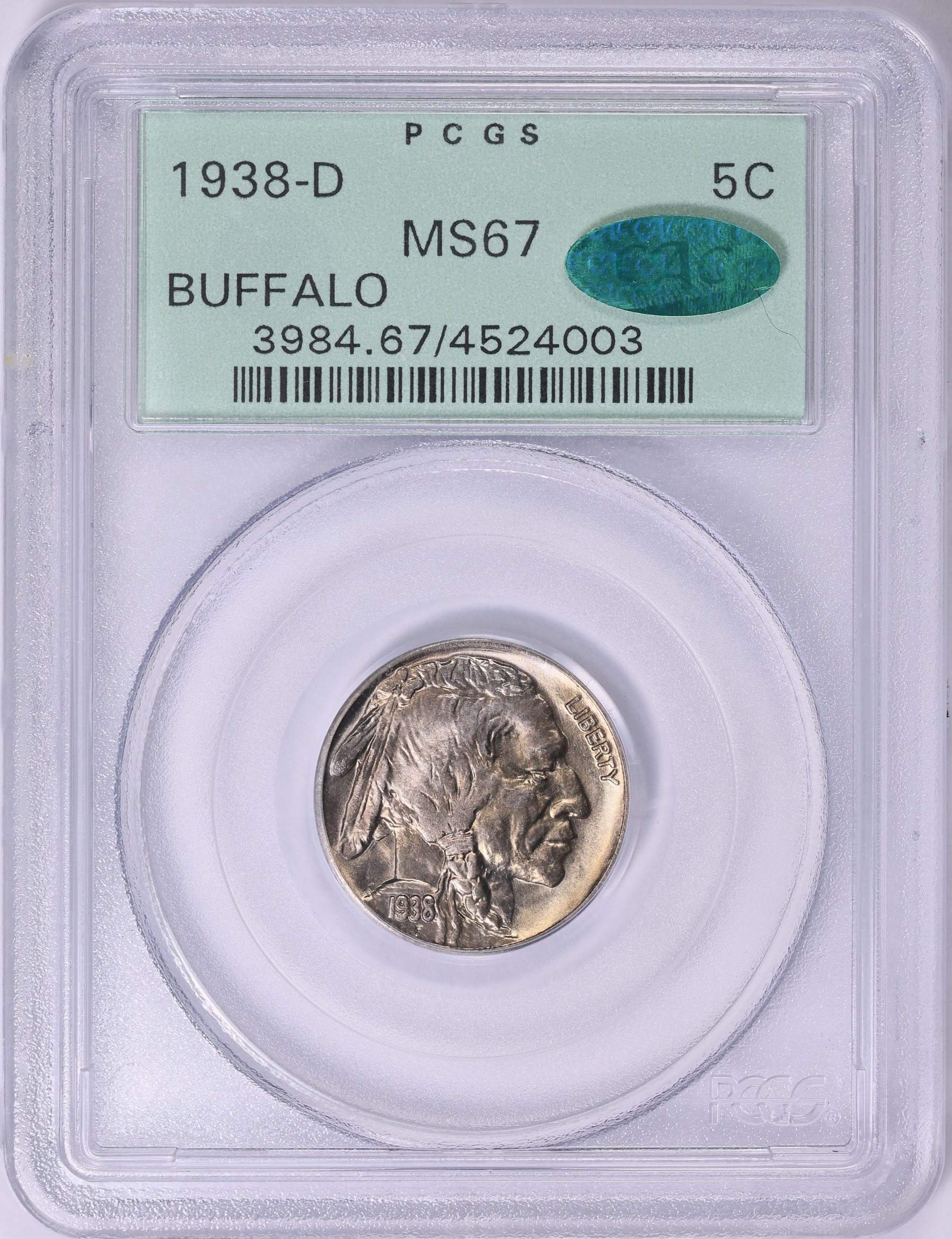 1938-D Buffalo Nickel PCGS MS-67 (CAC Green) OGH (Item 1778150) | GreatCollections Coin Auctions