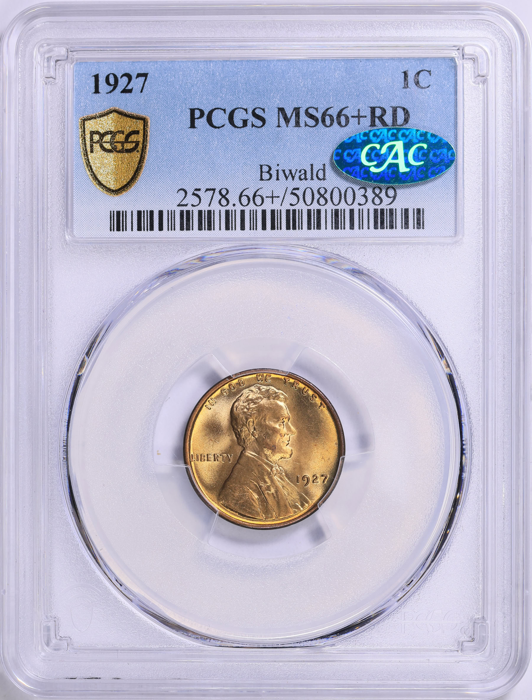 1927 Lincoln Cent PCGS MS-66+ RD (CAC Green) (Biwald Collection) (Item 1778348 ...