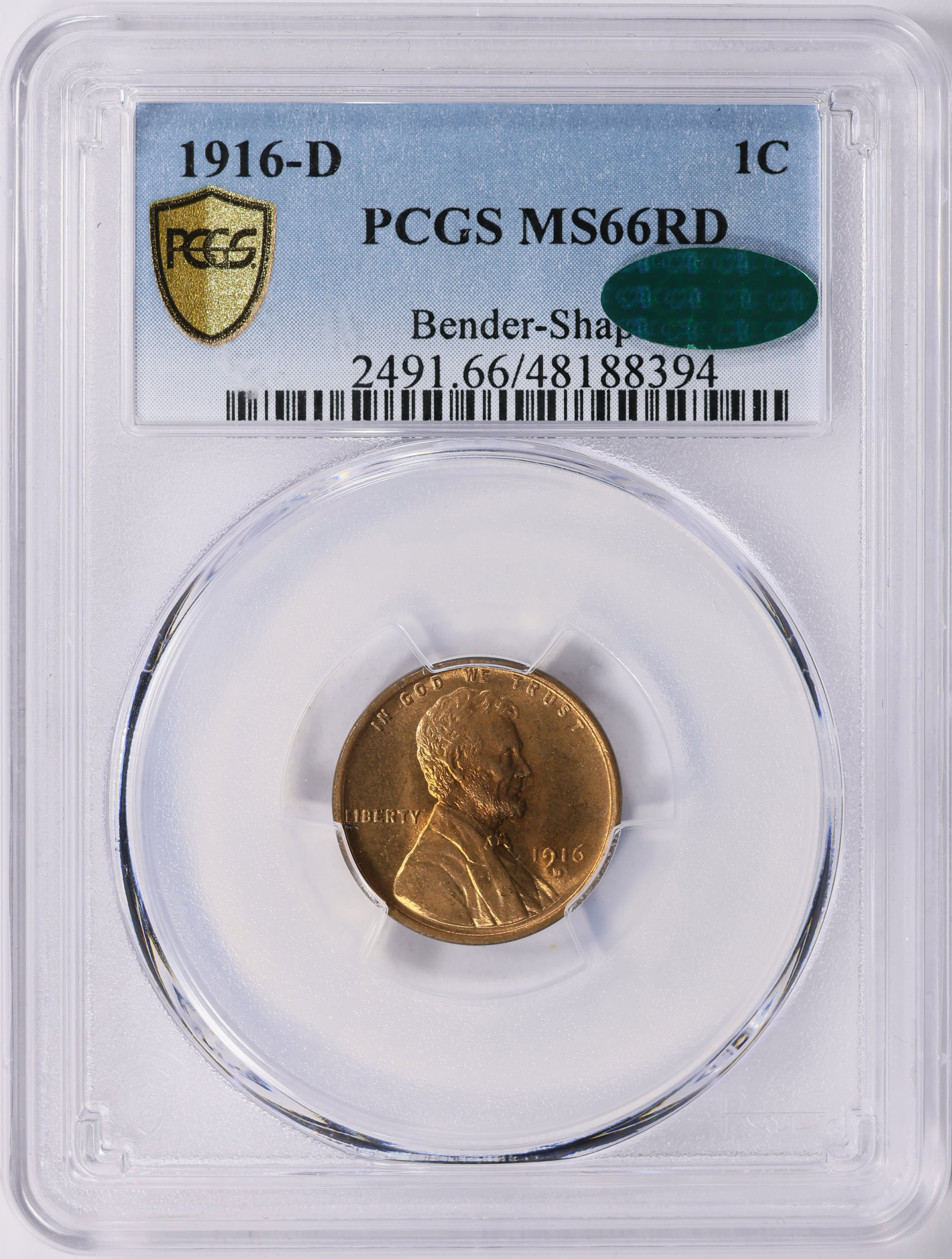 1916-D Lincoln Cent PCGS MS-66 RD (CAC Green) (Bender-Shapiro Collection) (Item 1778371 ...