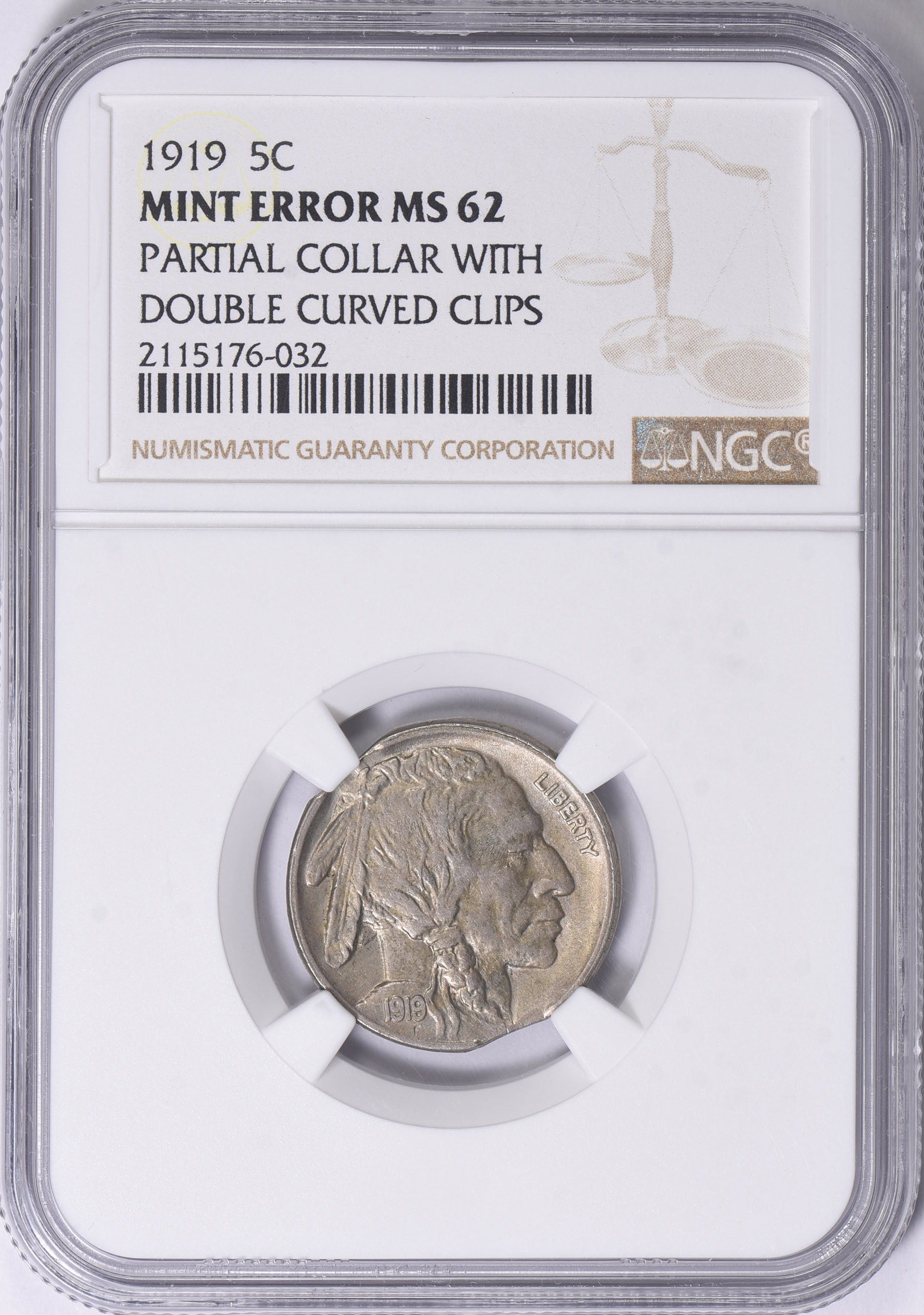 Mint Error 1919 Buffalo Nickel Partial Collar with Double Curved Clips ...