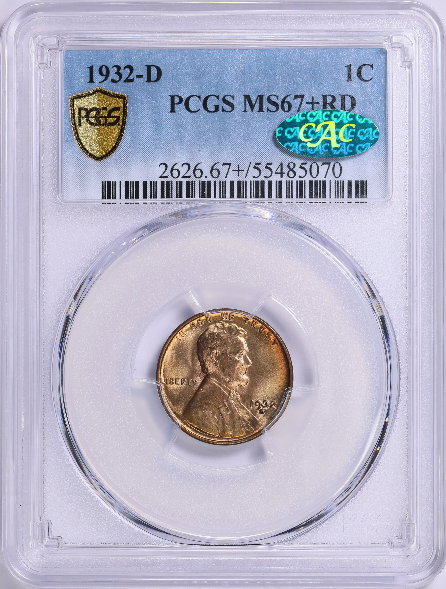 1932-D Lincoln Cent PCGS MS-67+ RD (CAC Green) (Item 1778396) | GreatCollections Coin Auctions