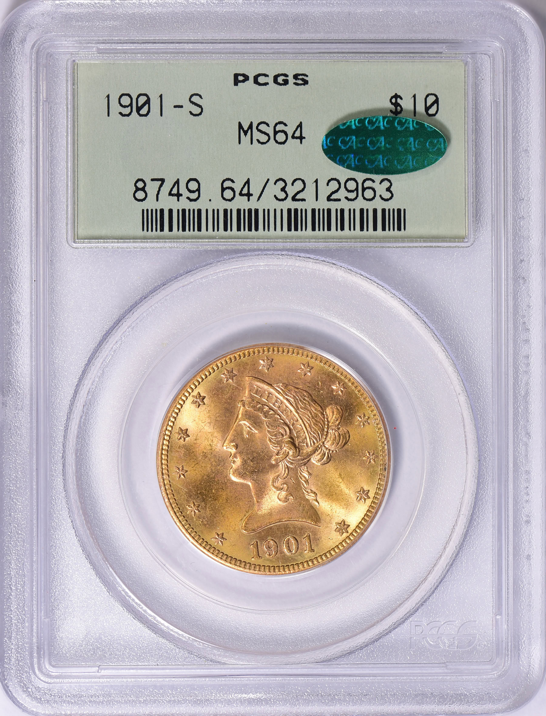 1901-S Liberty Gold Eagle PCGS MS-64 (CAC Green) OGH (Item 1778569) | GreatCollections Coin Auctions