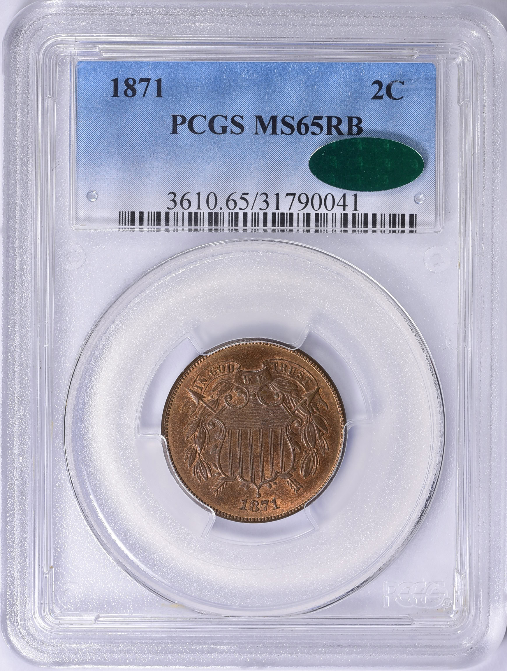 1871 Two-Cent Piece PCGS MS-65 RB (CAC Green) (Item 1778605) | GreatCollections Coin Auctions