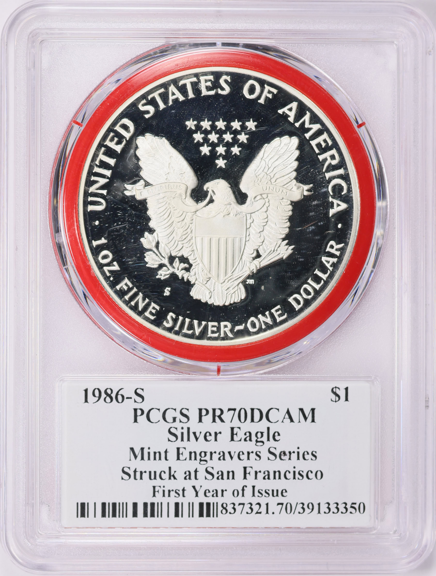 1986-S $1 Silver Eagle Mint Engraver Series PCGS Proof-70 DCAM ...