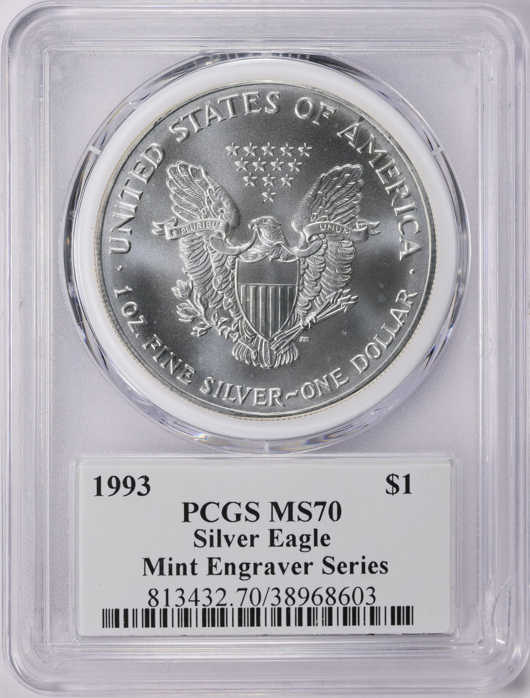 1993 $1 Silver Eagle Mint Engraver Series PCGS MS-70 (Mercanti Signed ...