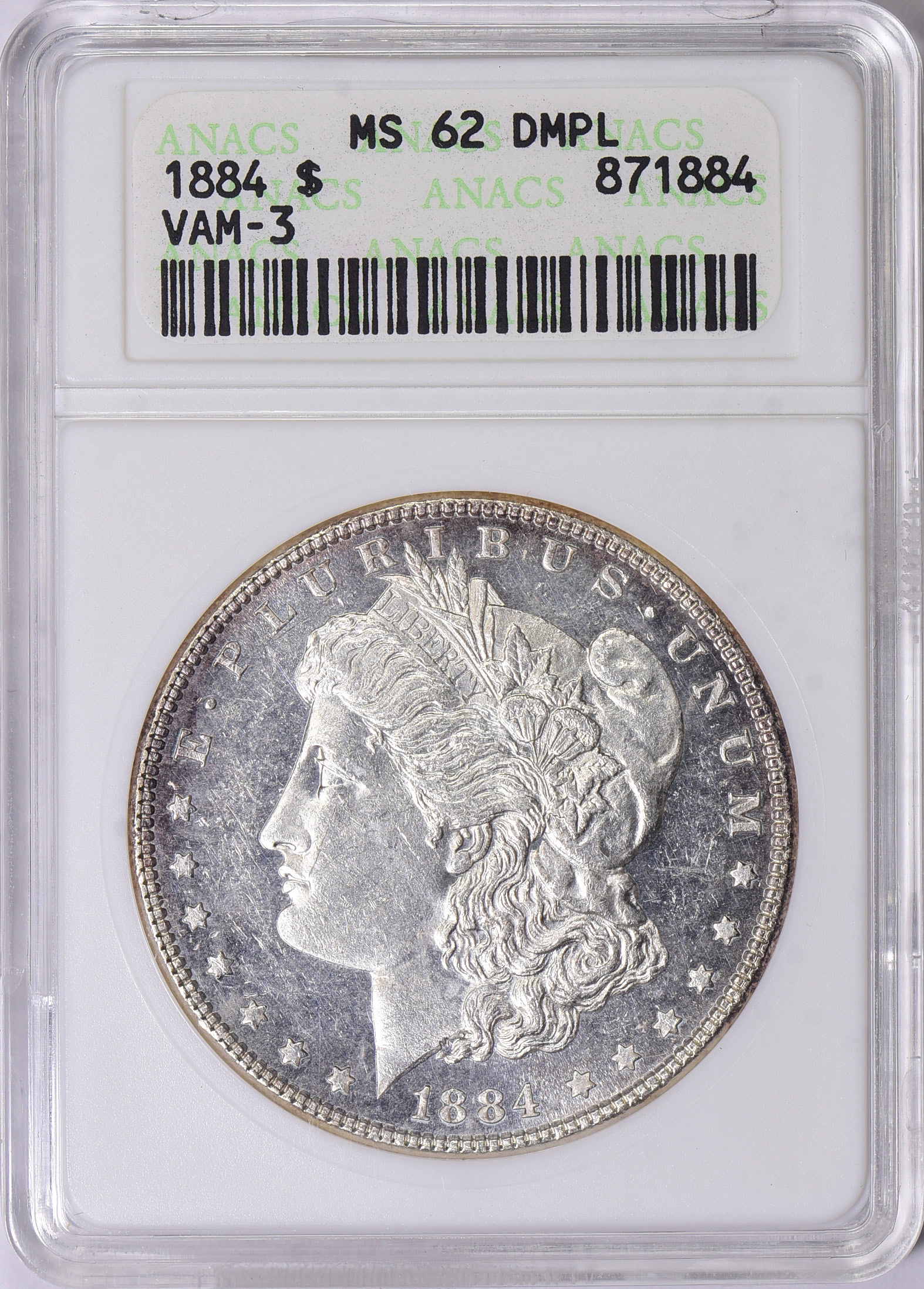 1884 Morgan Silver Dollar VAM-3 ANACS MS-62 DMPL OH (Toned) (Item 1779038) | GreatCollections ...