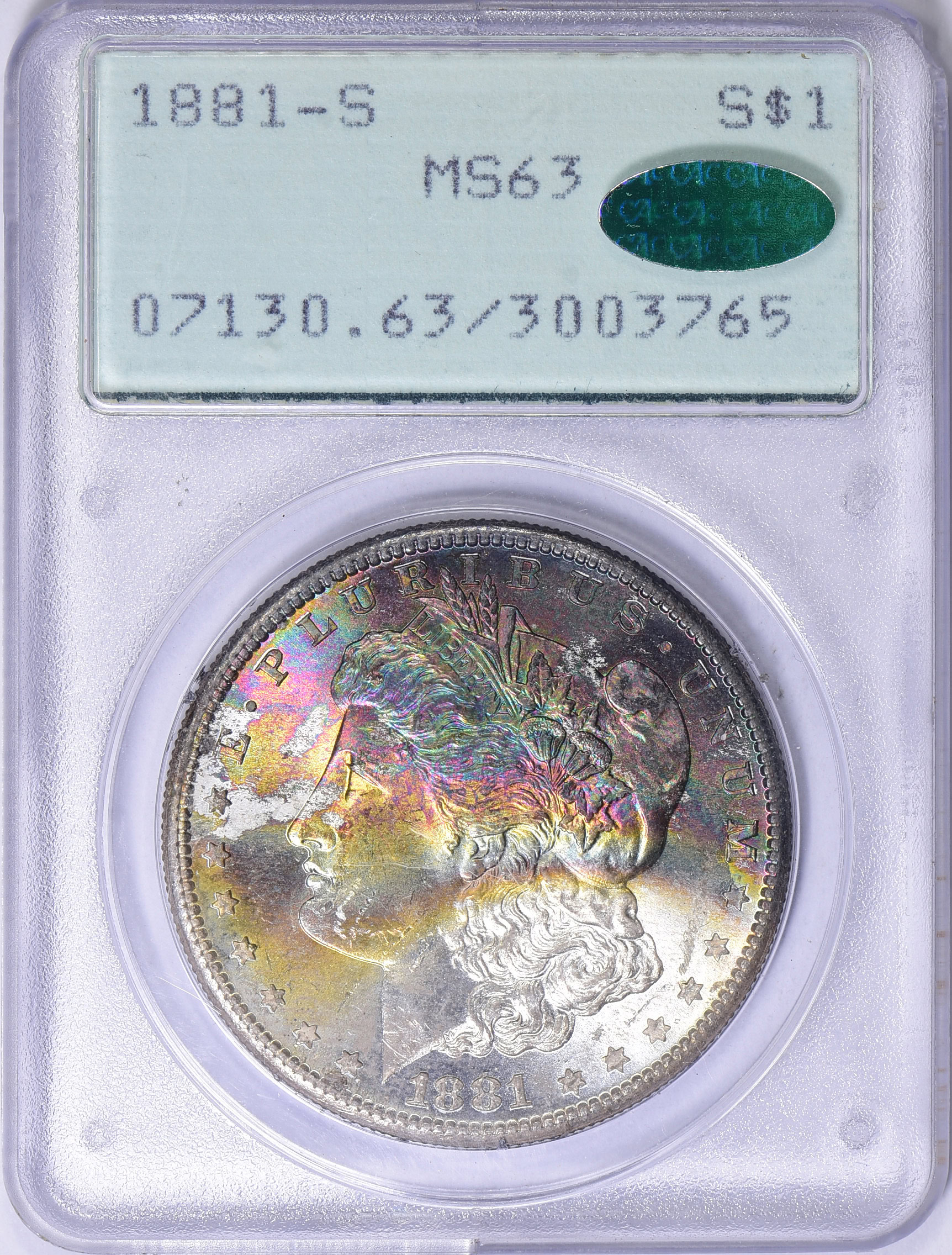 1881-S Morgan Silver Dollar PCGS MS-63 (CAC Green) OGH (1st Gen) (Toned) (Item 1779102 ...
