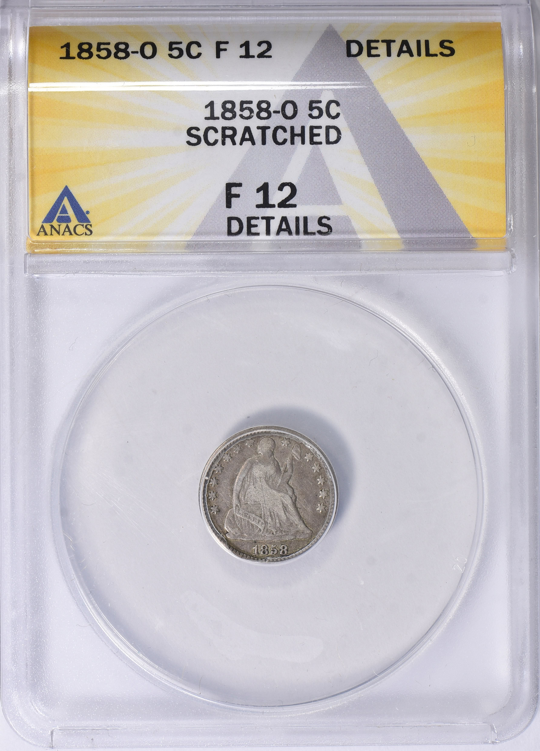 1858-O Seated Liberty Half Dime ANACS F-12 Details (Item 1779197) | GreatCollections Coin Auctions