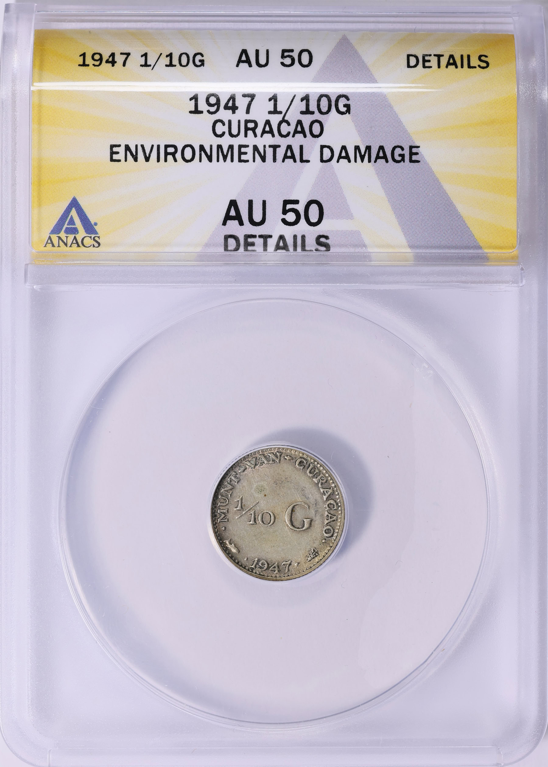 Curacao 1947 Silver 1/10 Gulden KM-43 ANACS AU-50 Details (Item 1779209 ...