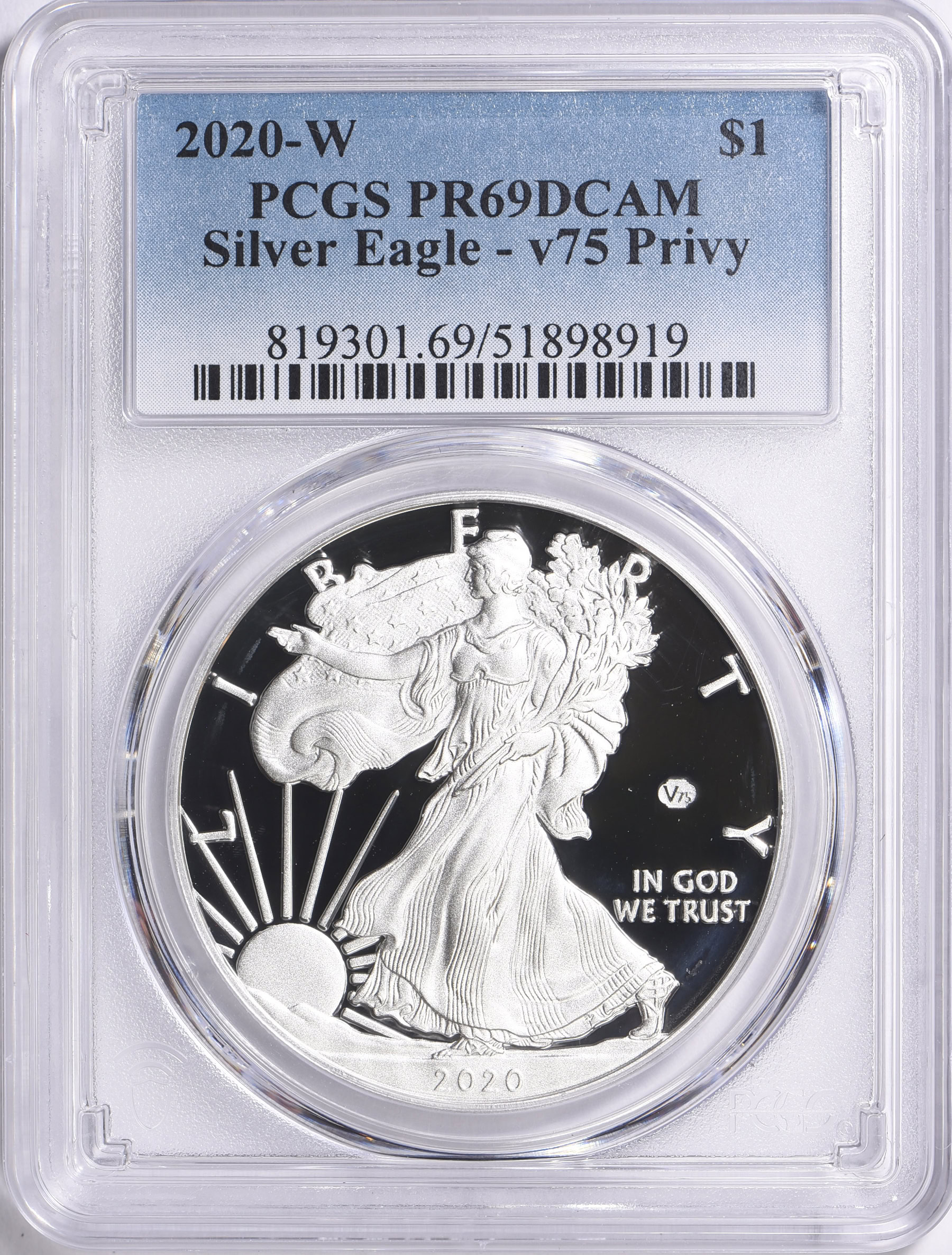 2020-W $1 Silver Eagle V75 Privy PCGS Proof-69 DCAM (Item 1779232) | GreatCollections Coin Auctions