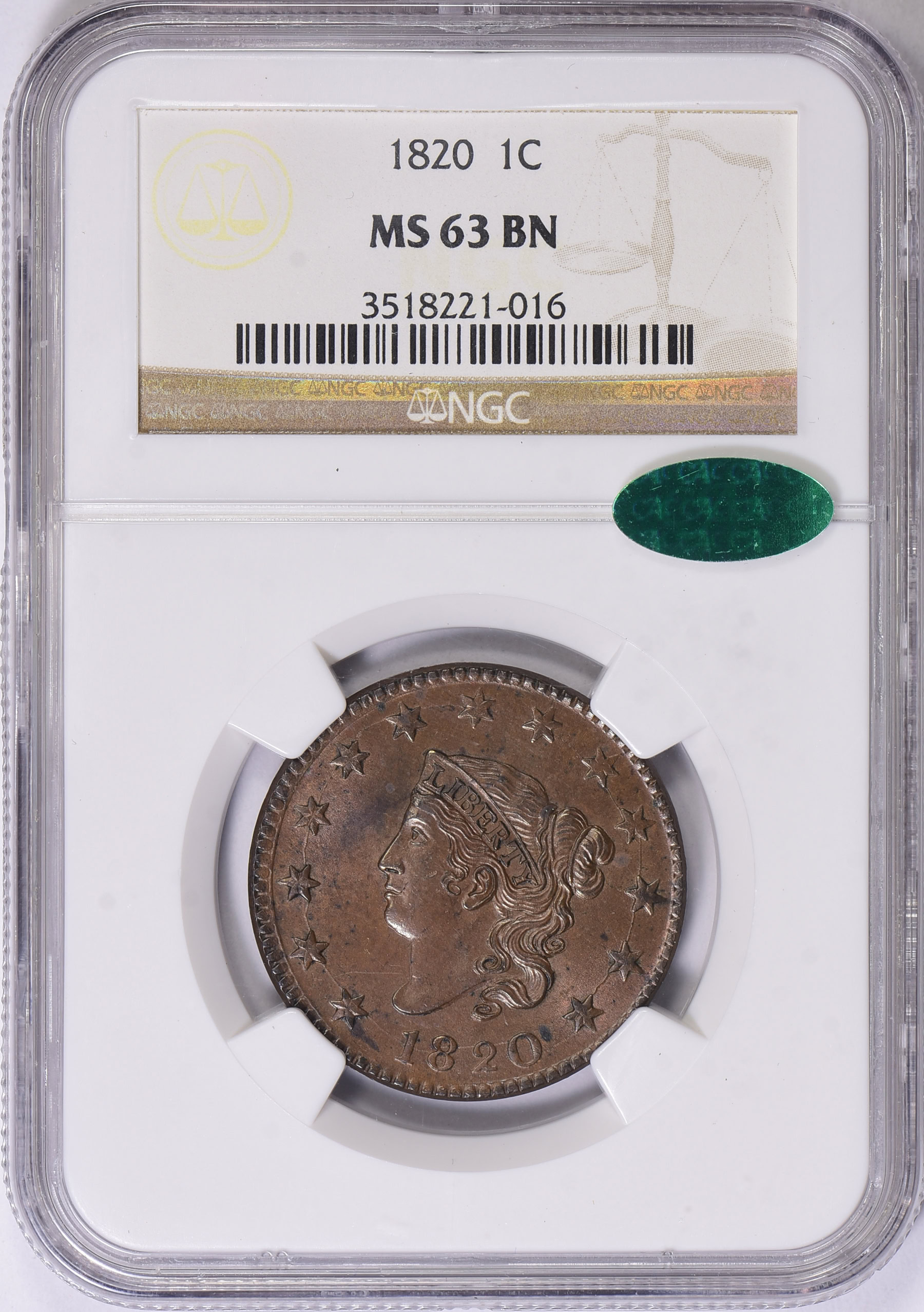 1820 Matron Cent NGC MS-63 BN (CAC Green) (Item 1779249) | GreatCollections Coin Auctions